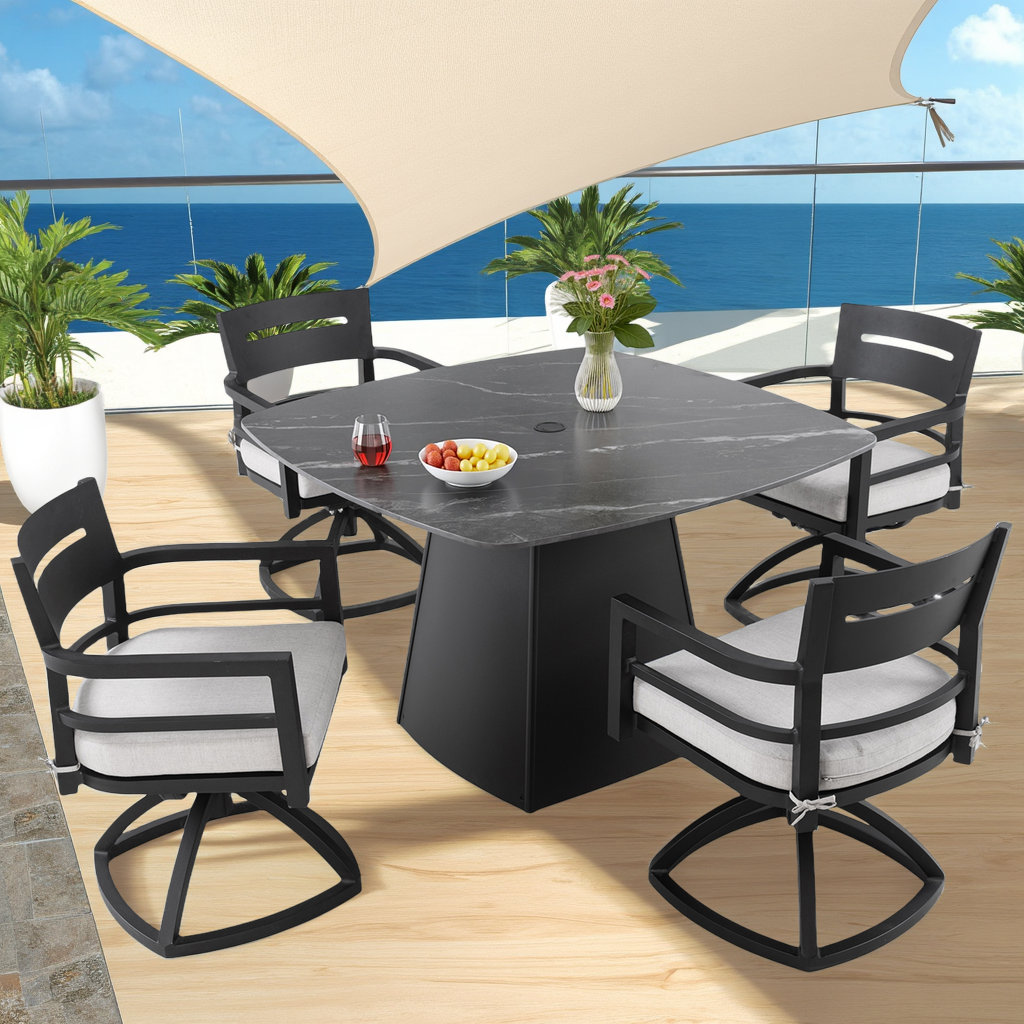 Hokku Designs Modern 5-PC Patio Set - Greek Marble Table & 360° Swivel ...