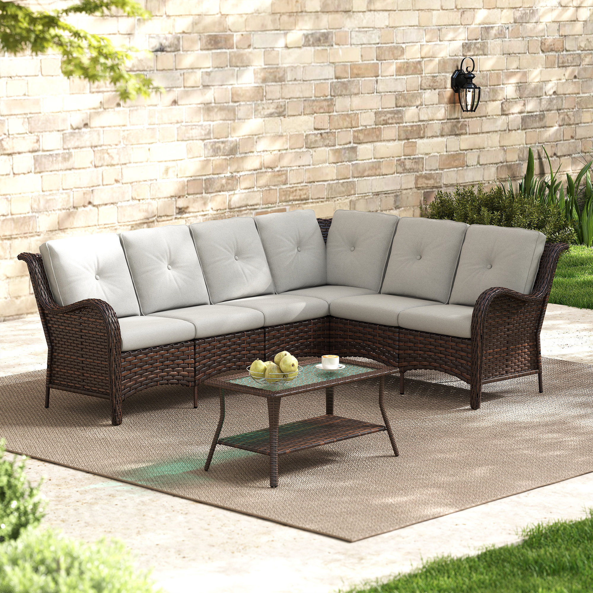 HAPLIFE 6-Person 97-inch Outdoor Wicker L-Shaped Patio Sectional with ...