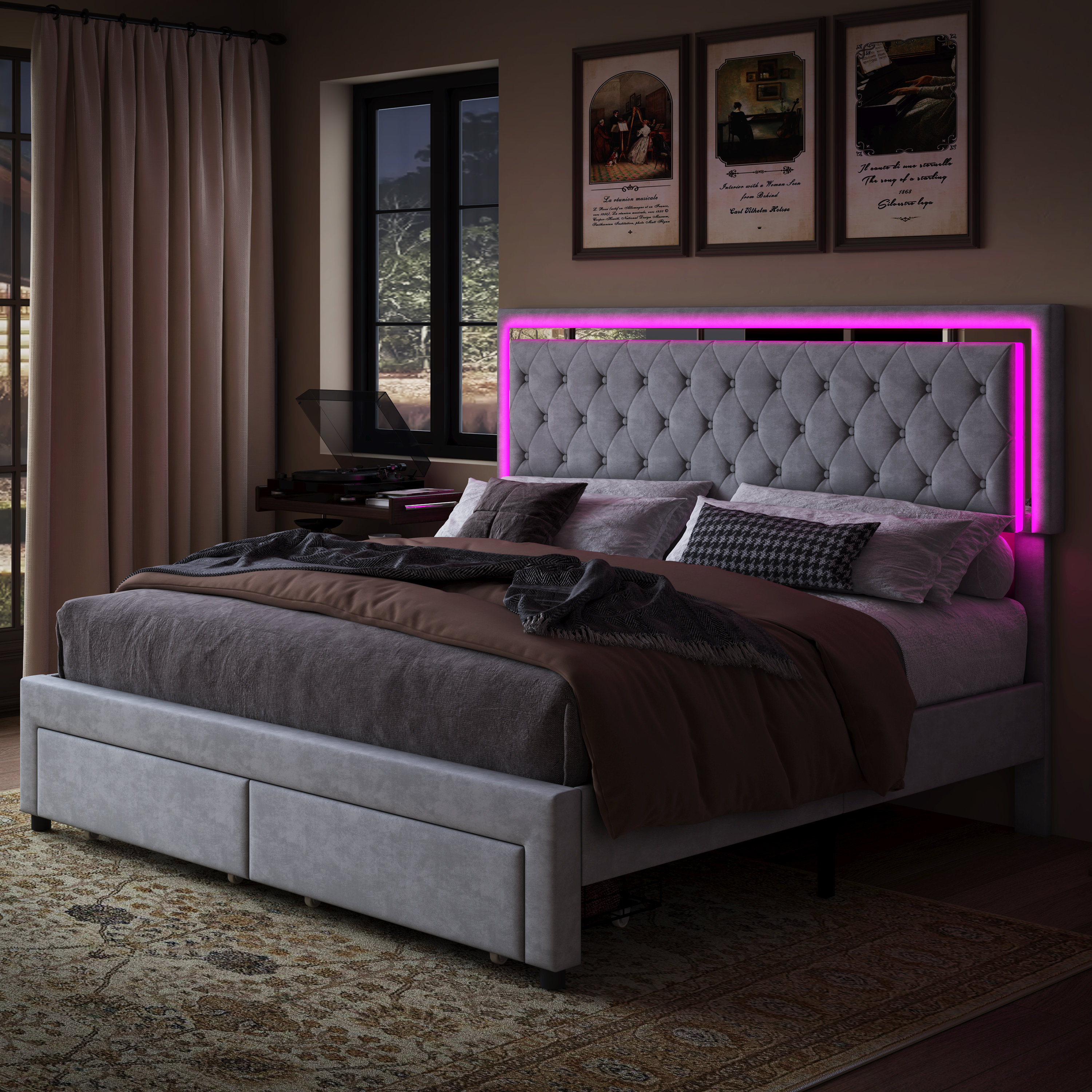 Wade Logan® Bed Frame with Two Storage Drawers & LED Headboard Acrylic ...