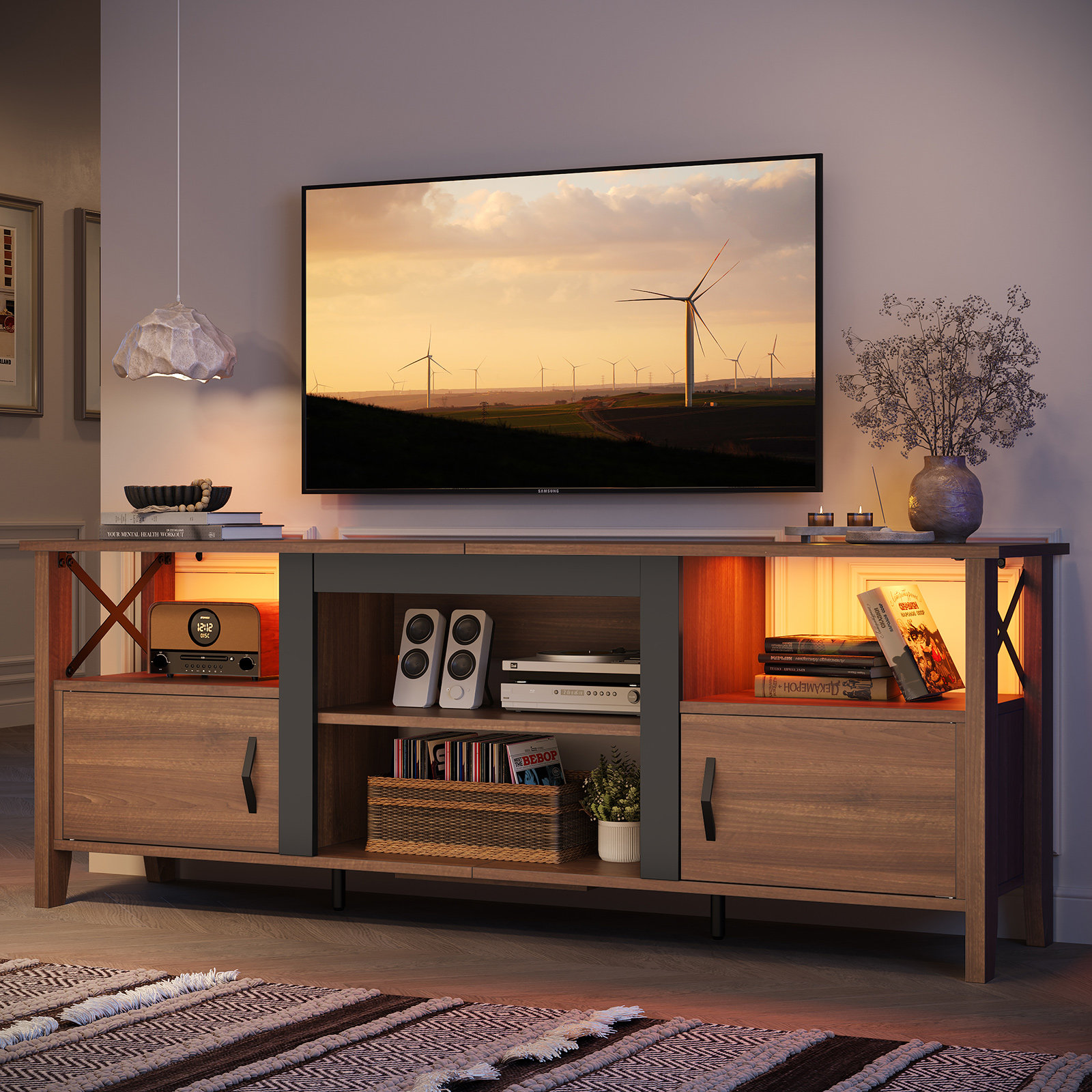 Gracie Oaks Farmhouse TV Stand for 70 Inch TV with LED Light,63" Tv ...