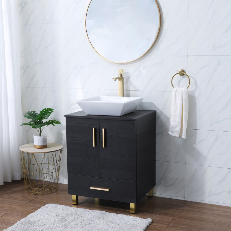 Mercer41 Nicson 24" Black Modern Vessel Single Bathroom Vanity with ...