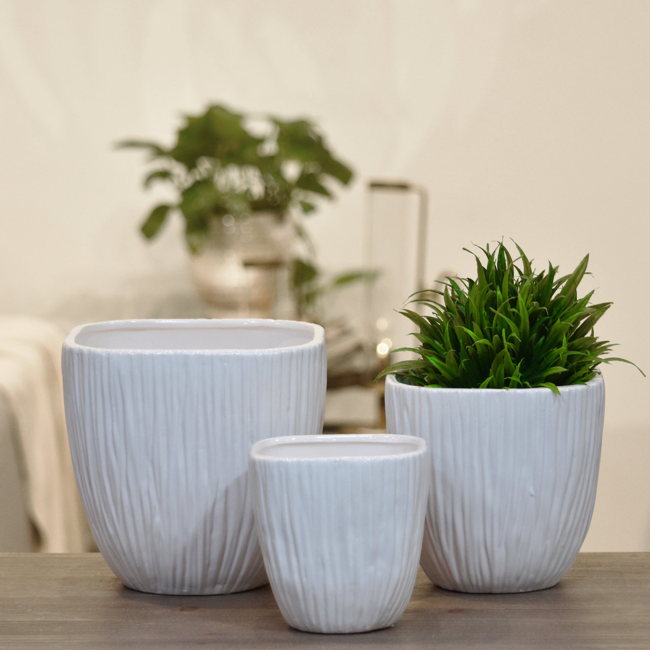 Wrought Studio™ Litzy Square Flower 3-Piece Ceramic Pot Planter Set ...