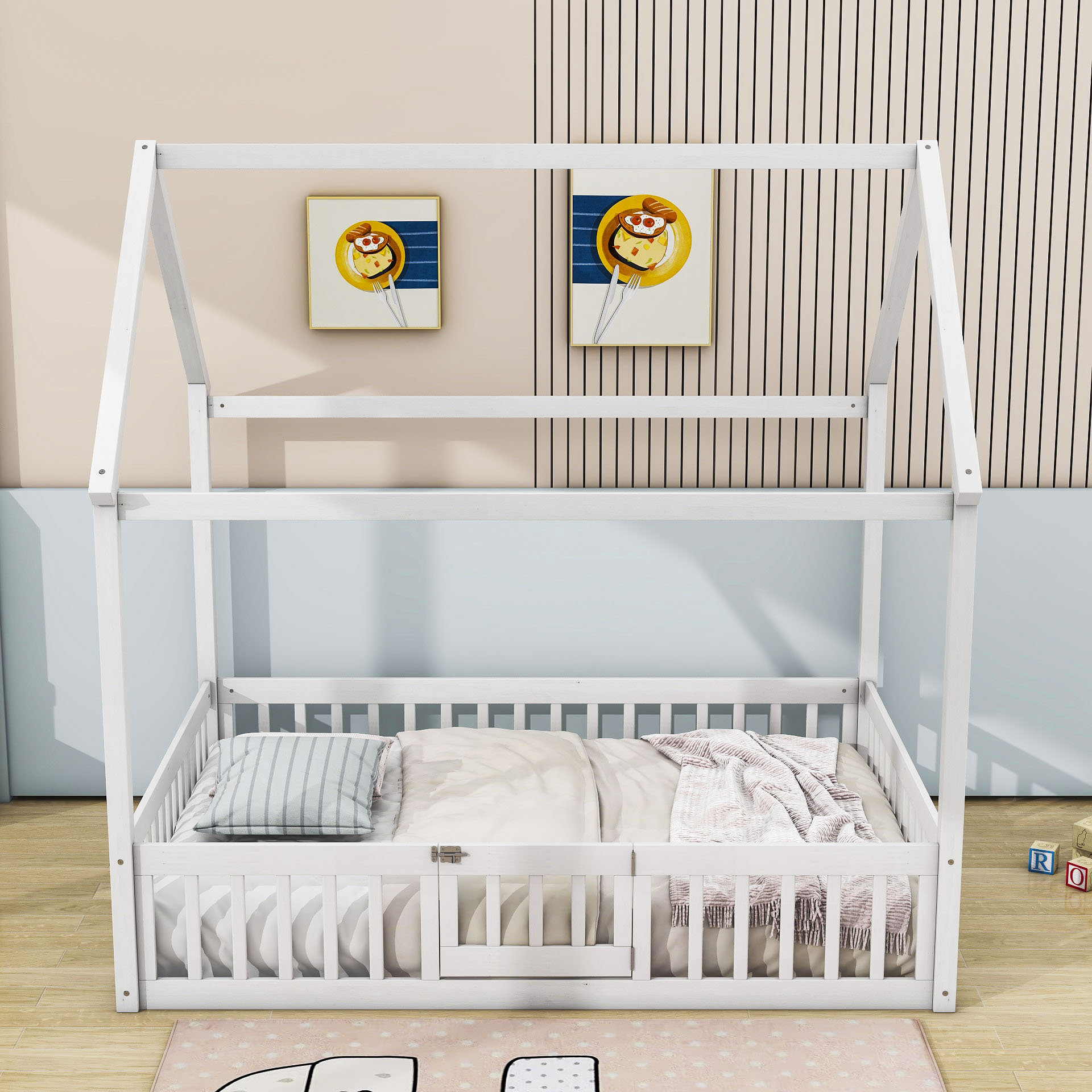 Gracie Oaks Billee Full Size Wooden House Bed with Fence and Door | Wayfair