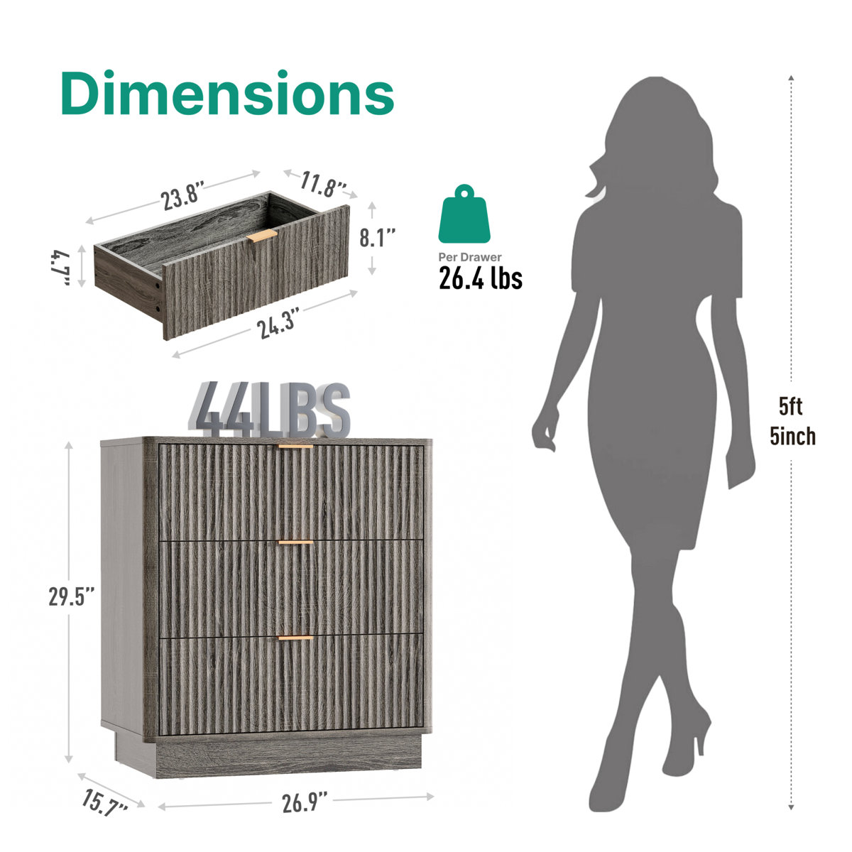 Latitude Run® Elegant Fluted 3 Drawer Dresser, Wood Dressers with Round ...