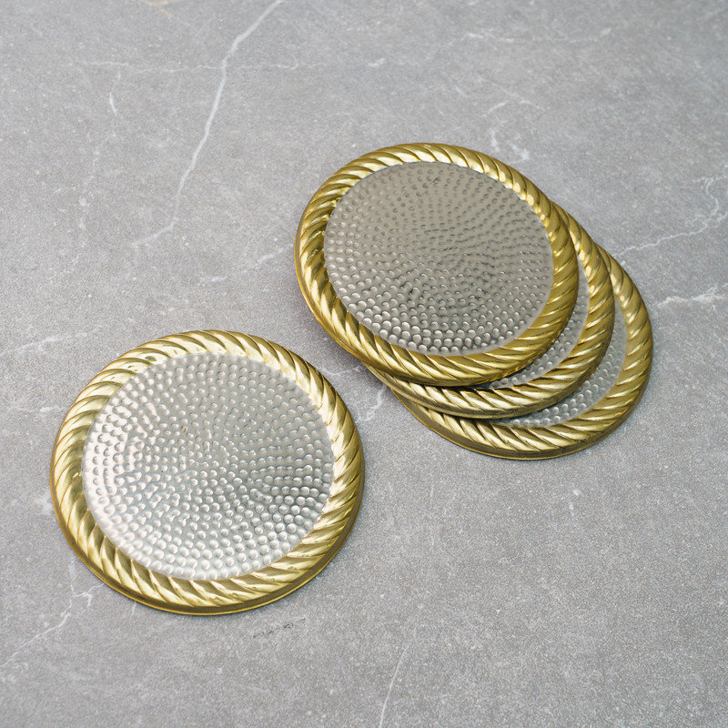 Everly Quinn Hammered Stainless Steel Coasters W/Gold Border | Wayfair