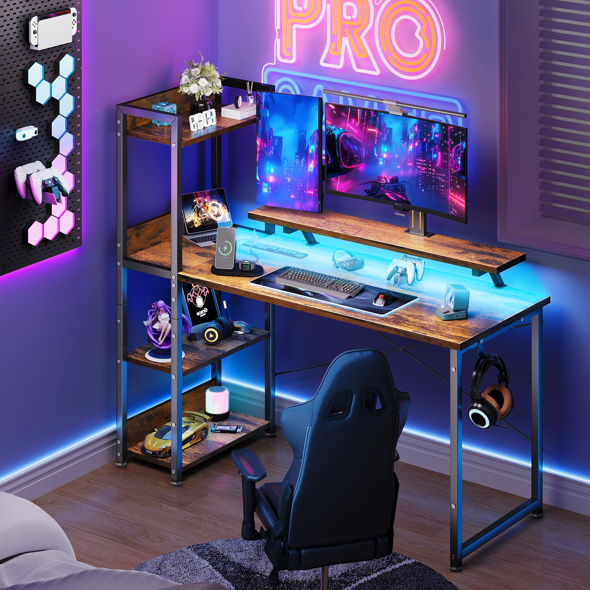 17 Stories Writing Desk With Reversible Storage Shelves, Home Office ...