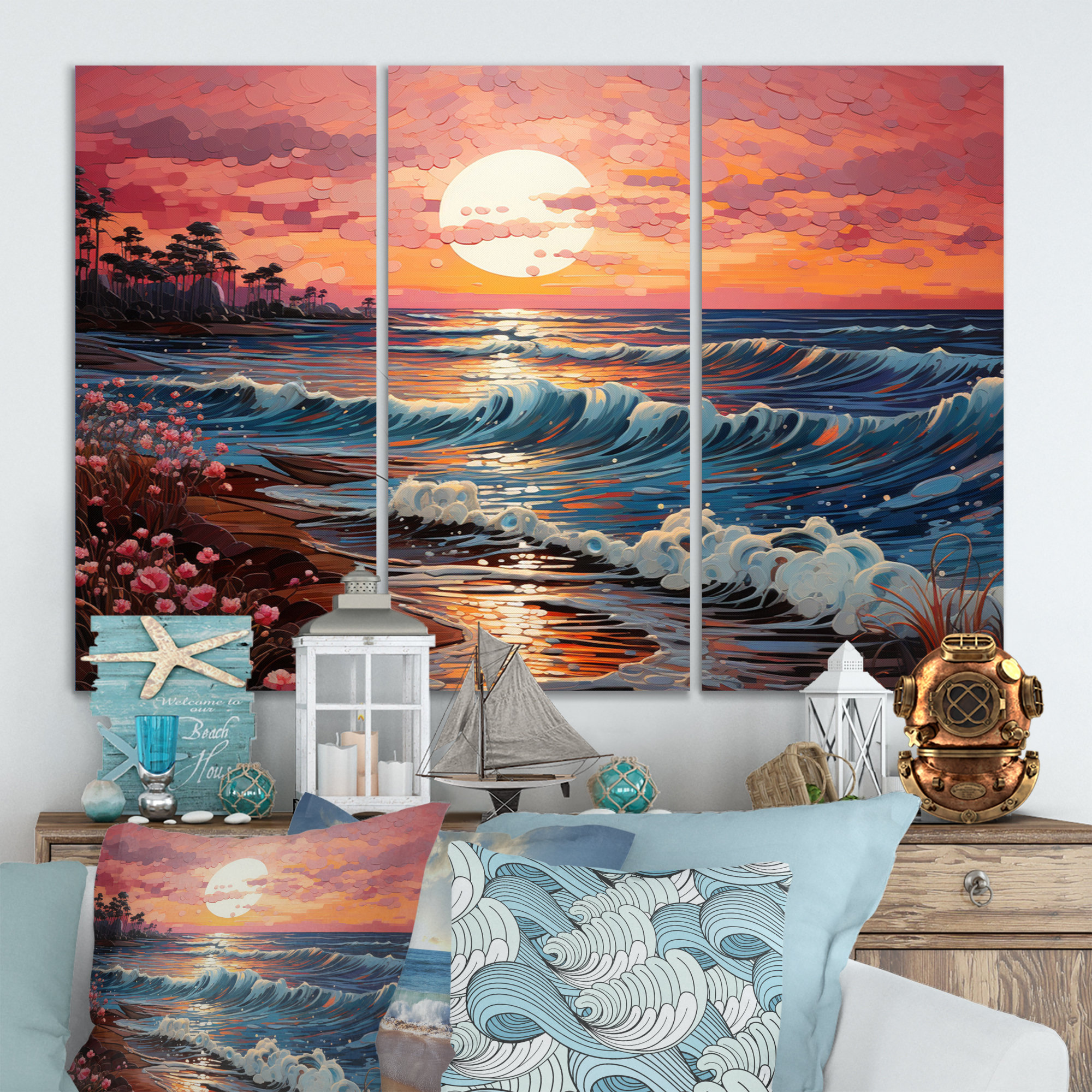 Highland Dunes Beach Crimson Sunset Pointillism On Canvas 3 Pieces ...