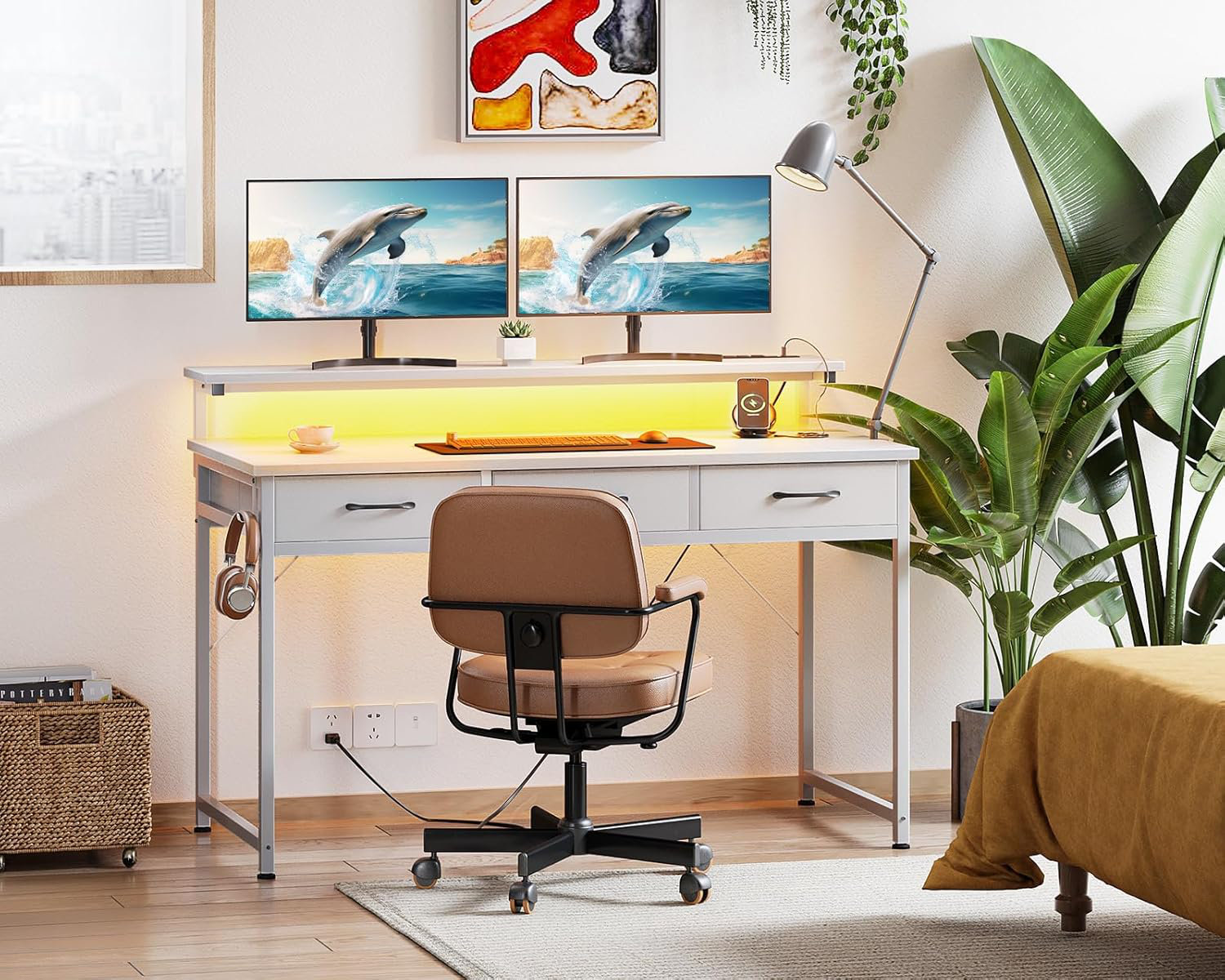 17 Stories 48 Inch Computer Desk with 3 Drawers and USB Power Outlets ...