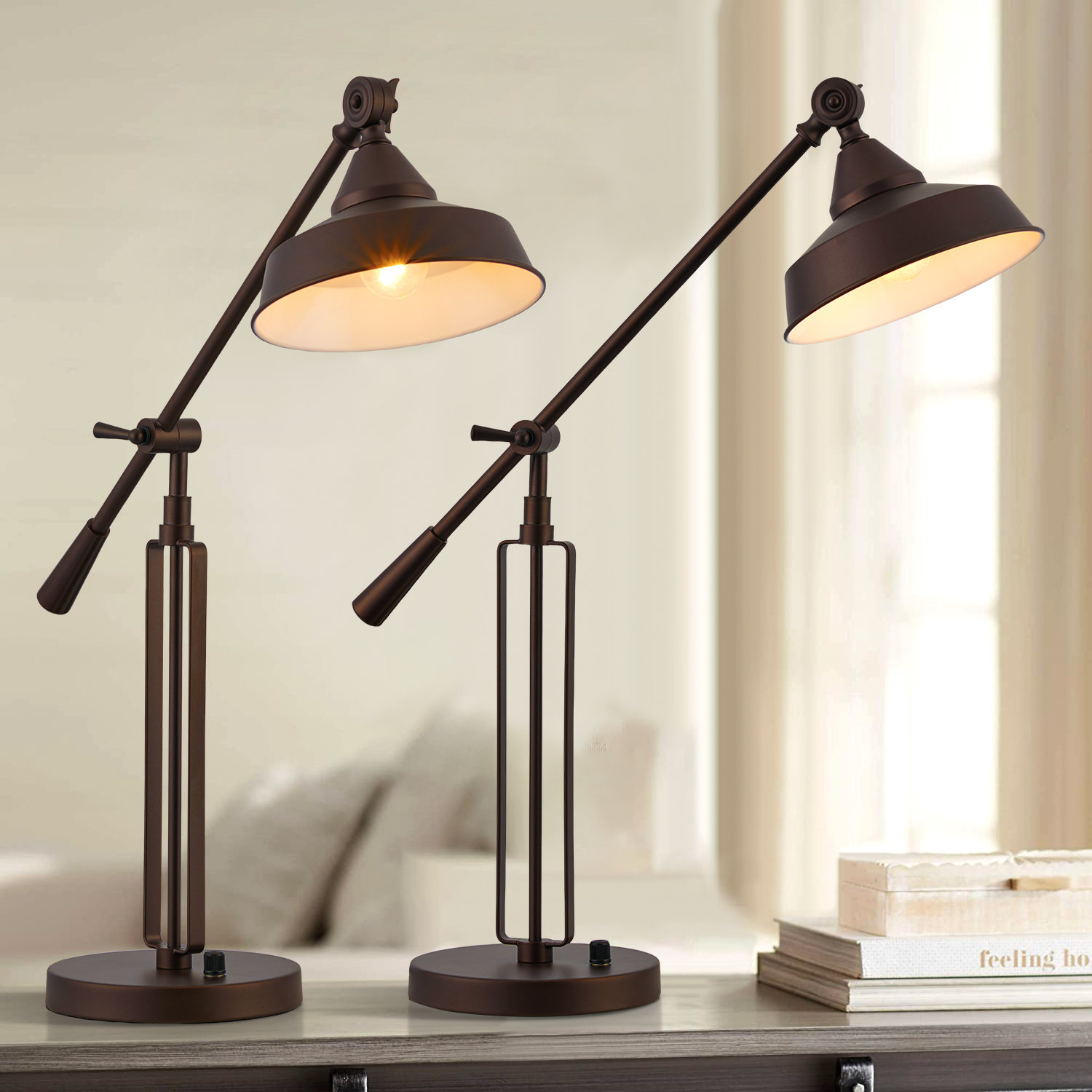 17 Stories Dimmable Dark Brown Industrial Metal Desk Lamp Set & Reviews ...