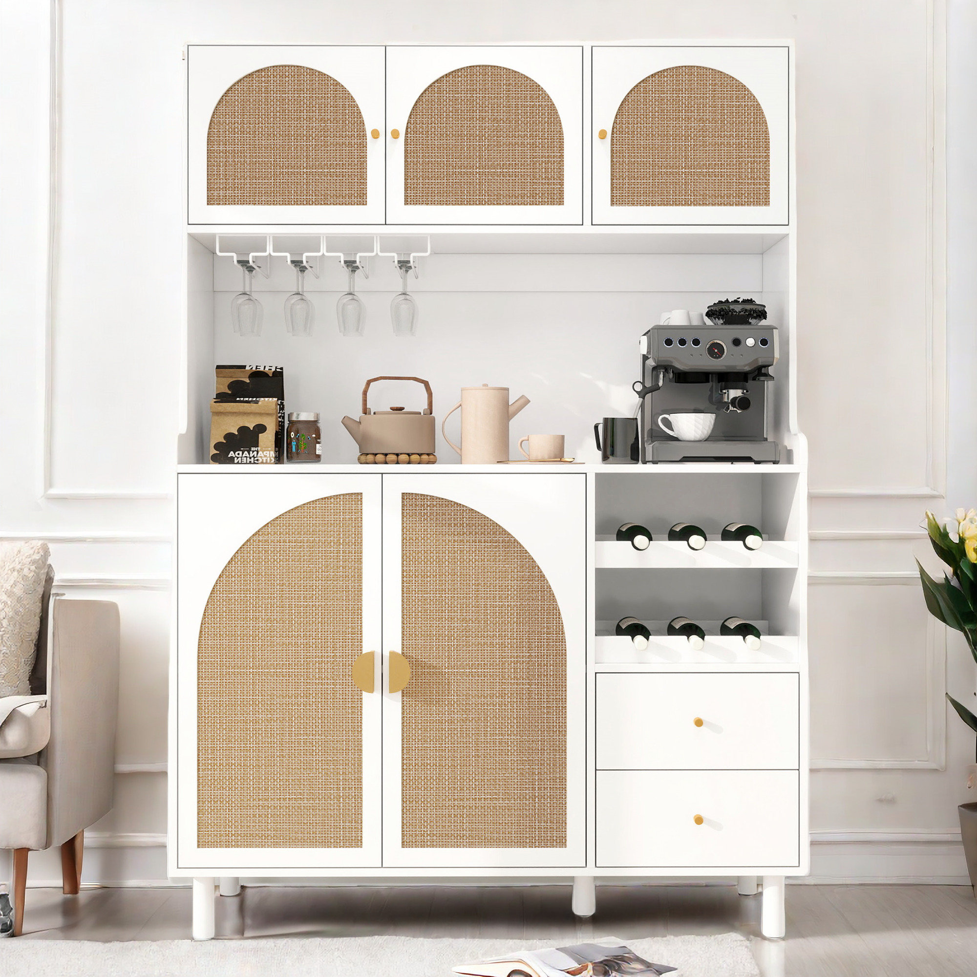 Bay Isle Home Kitchen Pantry With Wine Holder, Storage Cabinets, 2 ...