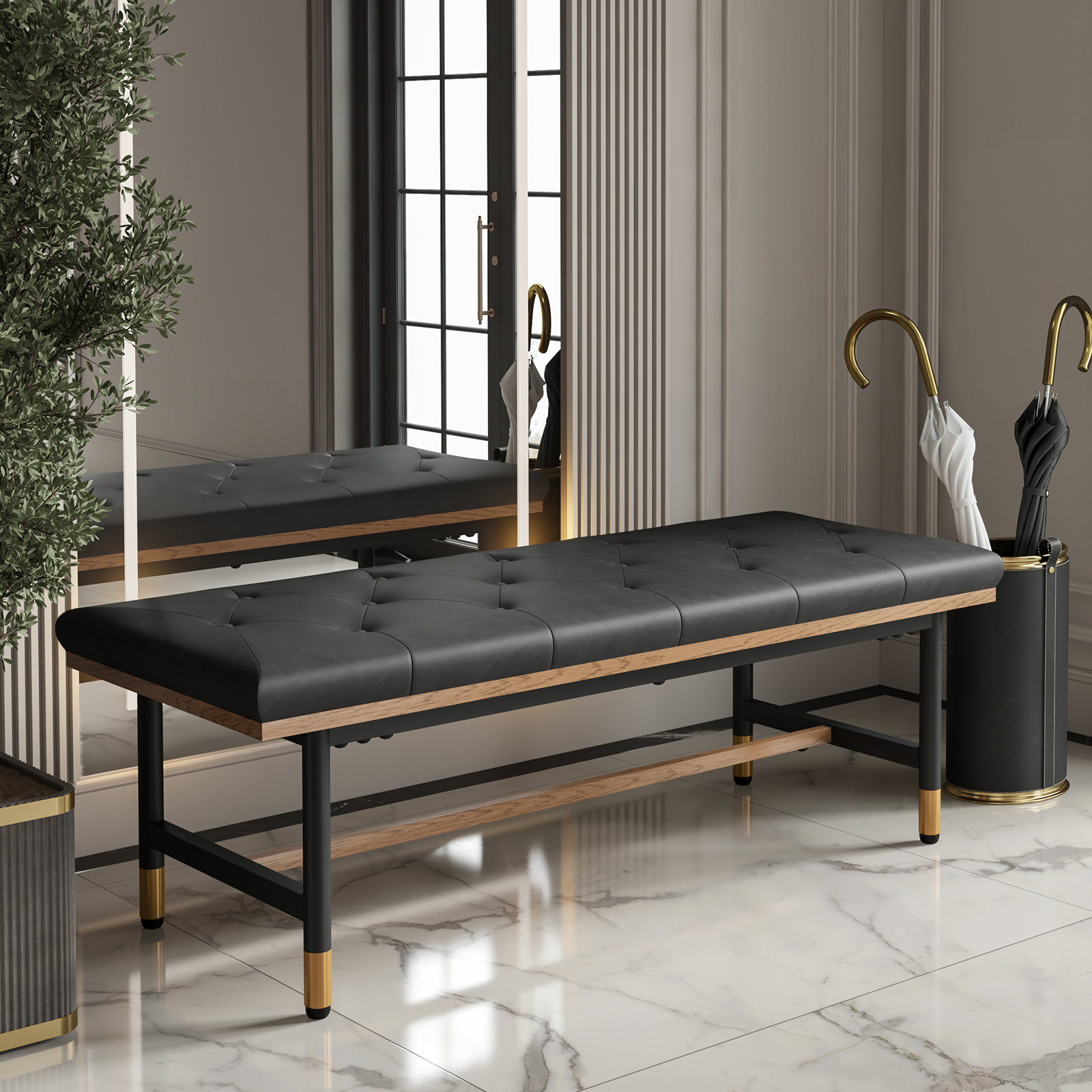 Ebern Designs 48.43''W Leather Upholstered Bench With Metal Legs ...