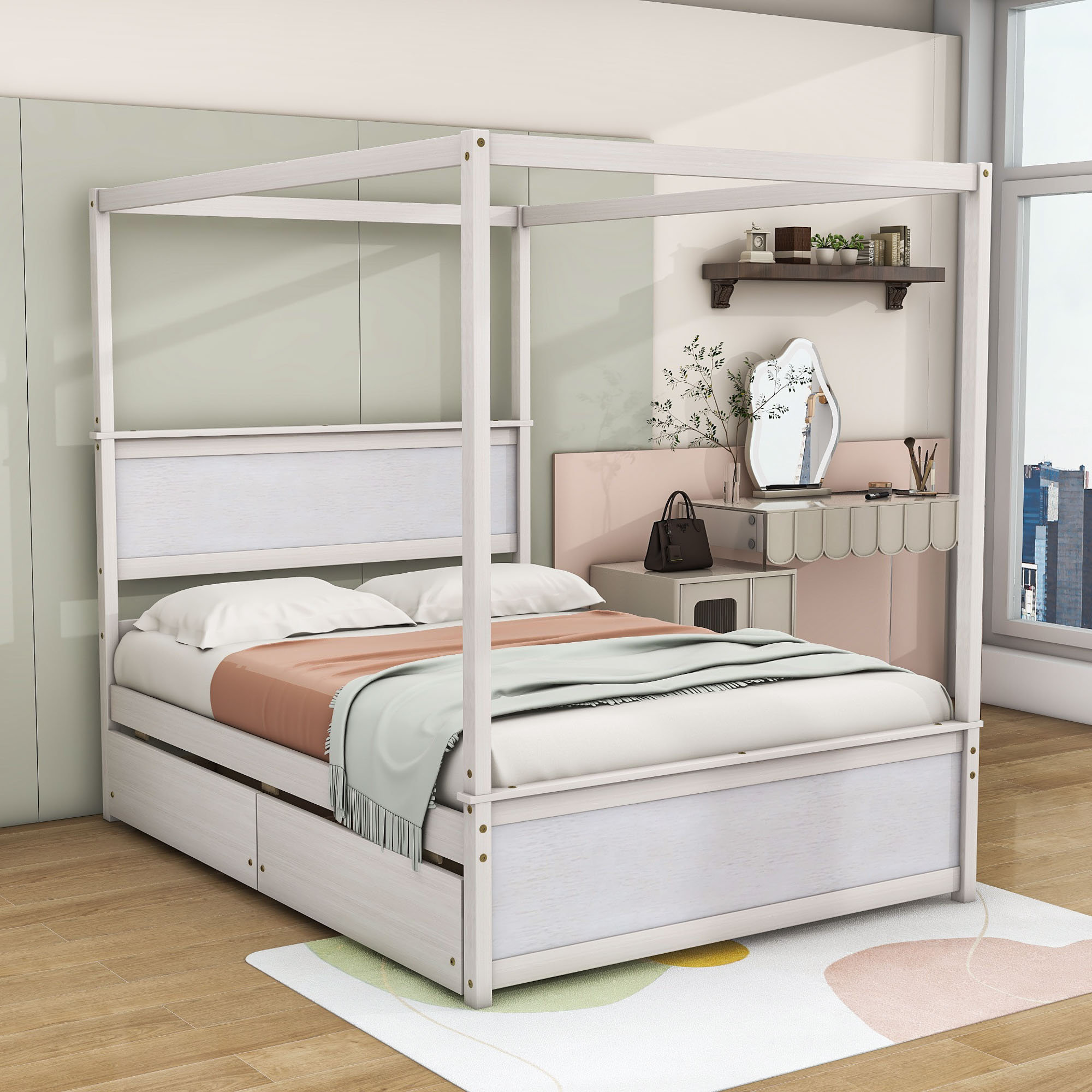 Red Barrel Studio® Altarik Full Wooden Canopy Platform Bed with 2 ...