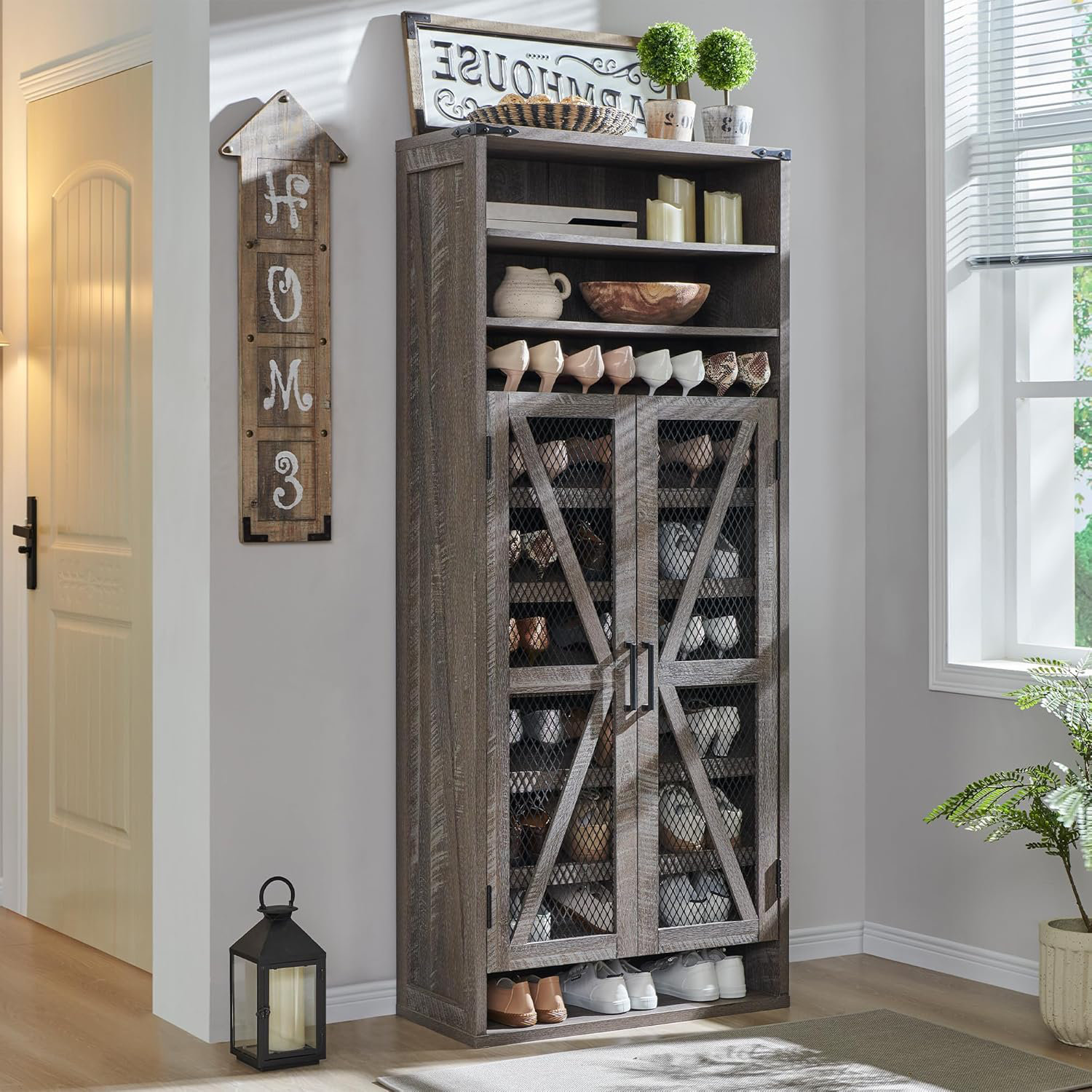 Gracie Oaks Samaniego Farmhouse 40 Pair Shoe Cabinet ,Wood 10-Tier Tall ...