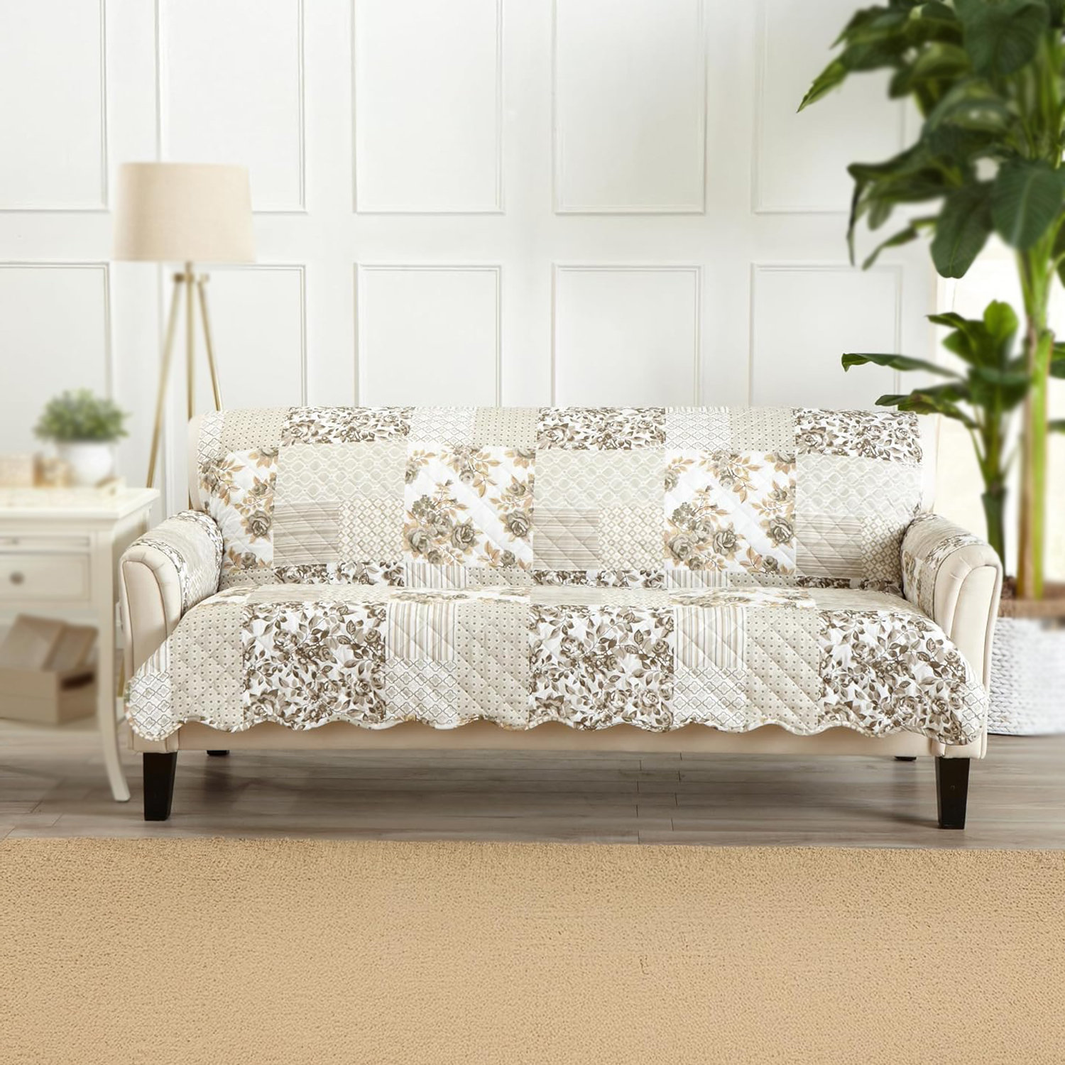 PISILY Reversible Patchwork Scalloped Edge Printed Sofa Slipcover ...
