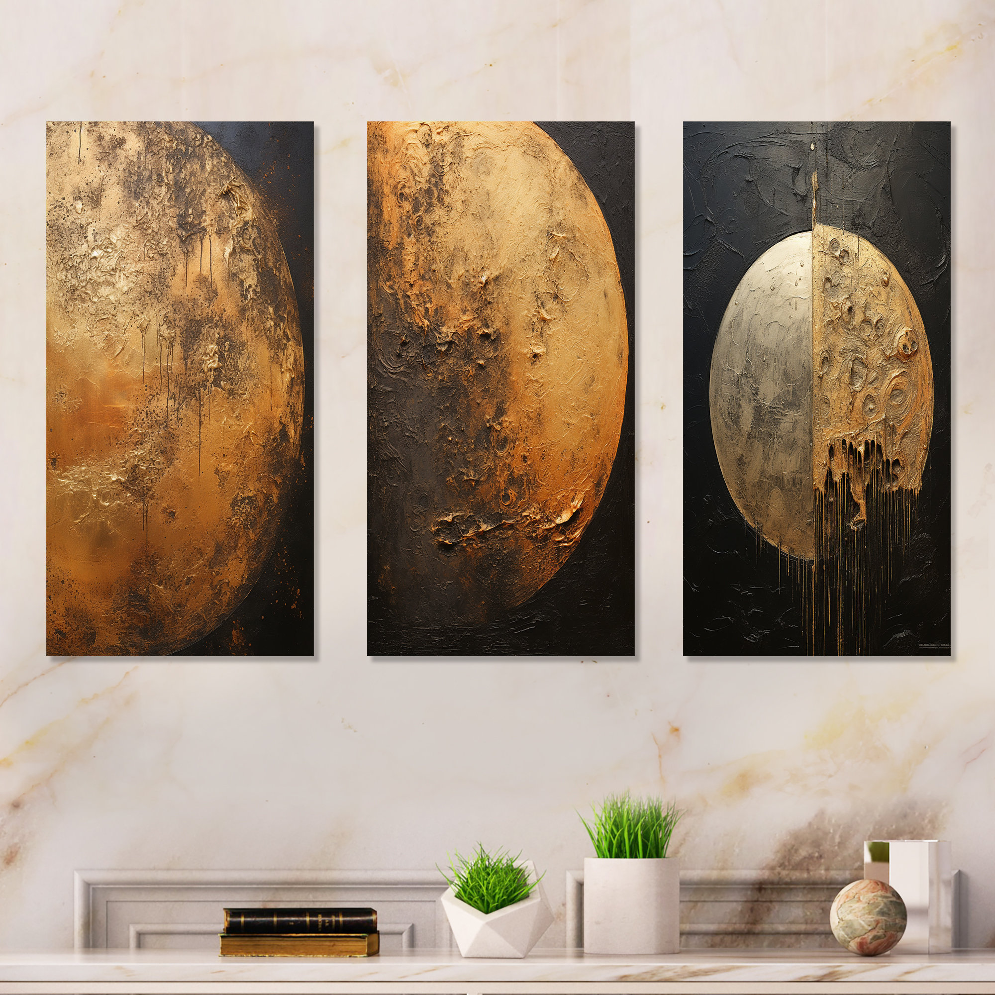 Brayden Studio® Bronze Moon Beam - Moon Metal Prints Set Of 3 | Wayfair