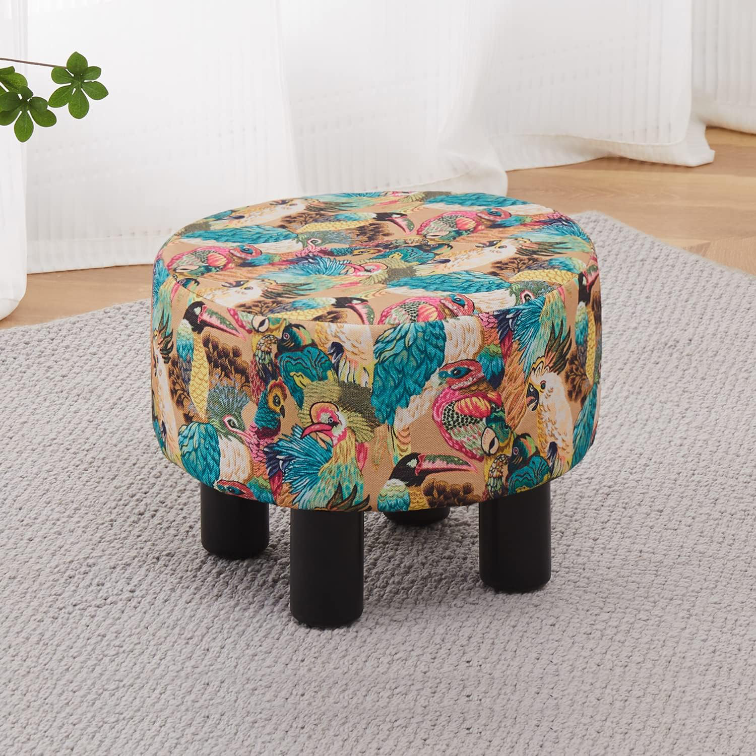 Ebern Designs Linen Ottoman Round Footrest Stool Upholstered Step Stool ...