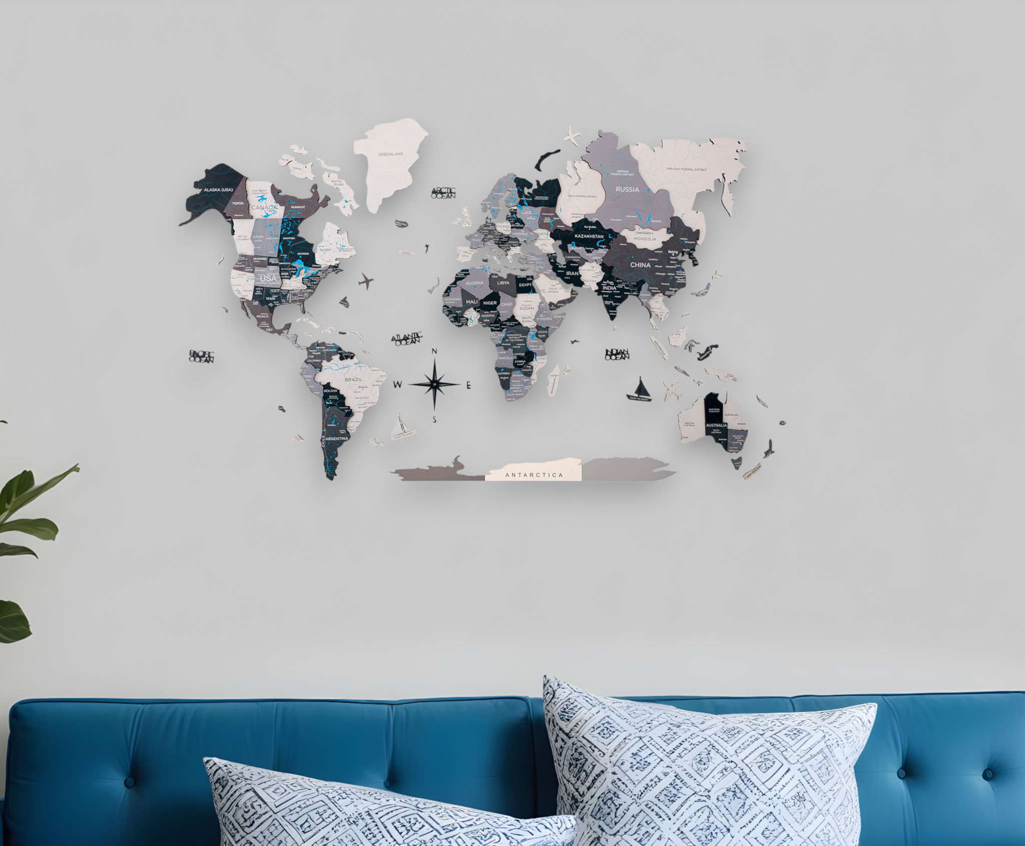 HomeRoots 24" X 39" Gray Wood World Map Hanging Dimensional Sculpture ...