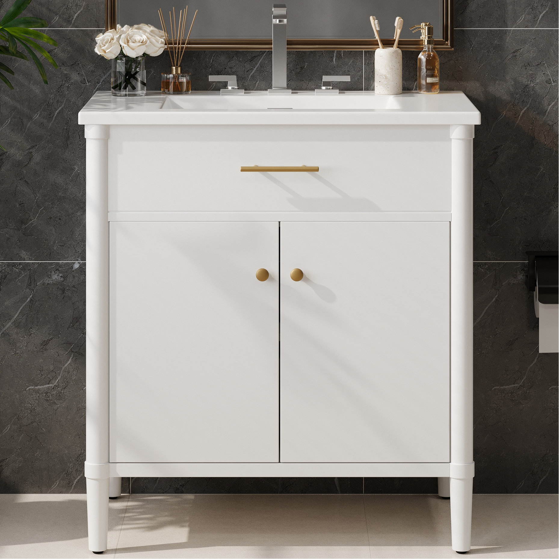 Ebern Designs Black 31-Inch Bathroom Vanity With Ceramic Sink, Curved ...