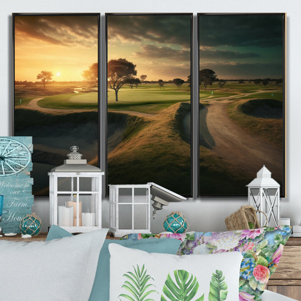 DesignArt Golf Course At Sunset II Framed On Canvas 3 Pieces Print ...
