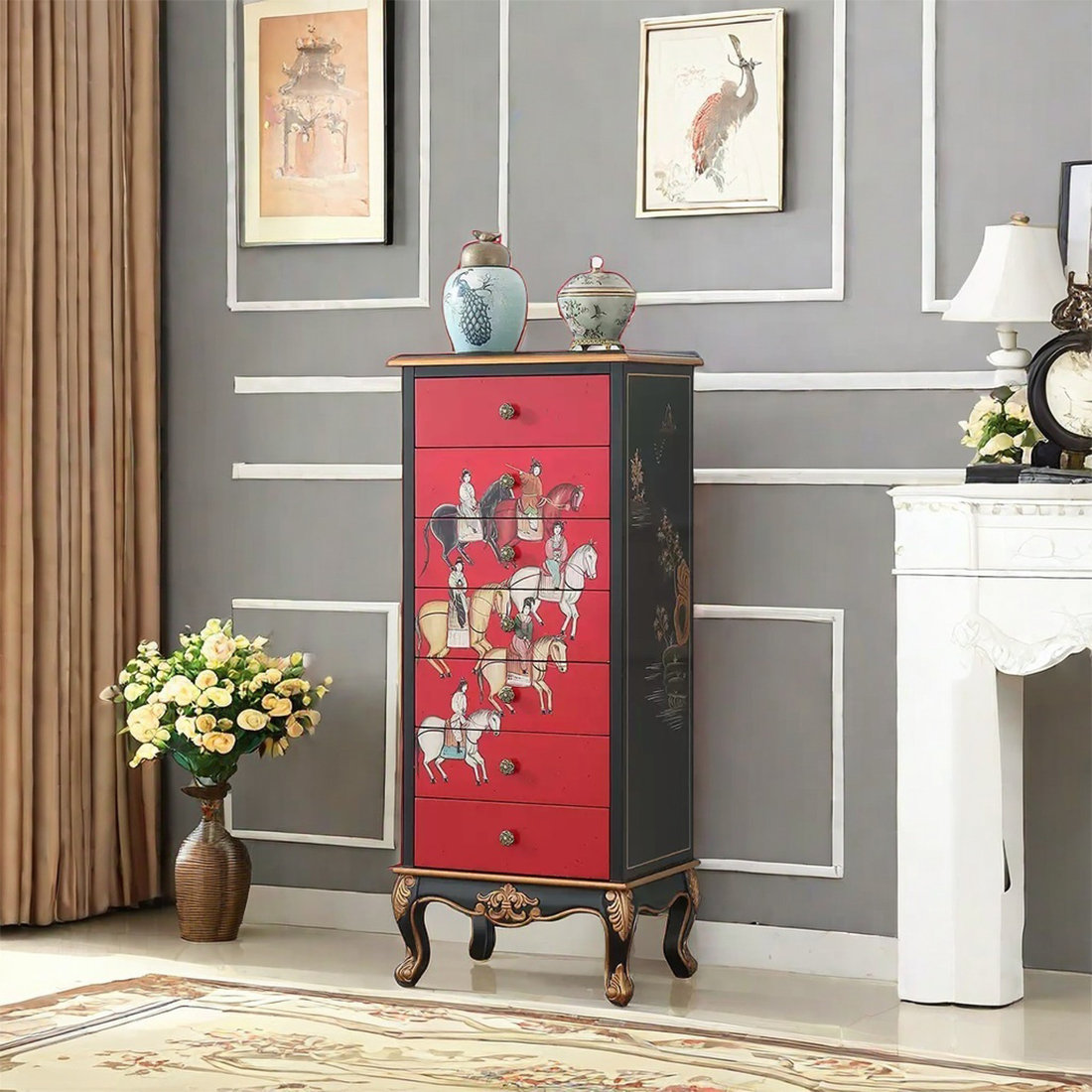 Vivid Space Creation Hand-Painted Floral Cabinet with Spacious Top ...