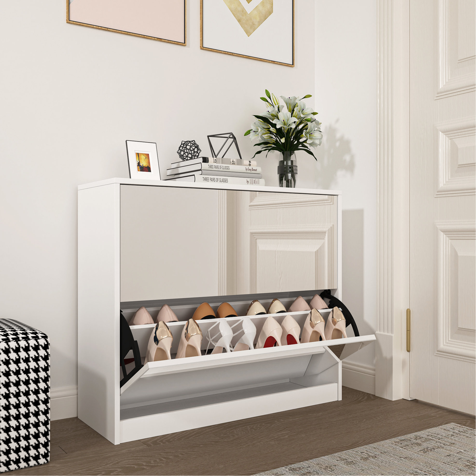 Ebern Designs 2 Tier Shoe Cabinet For Bedroom, 18 Pair Capacity, Flip ...