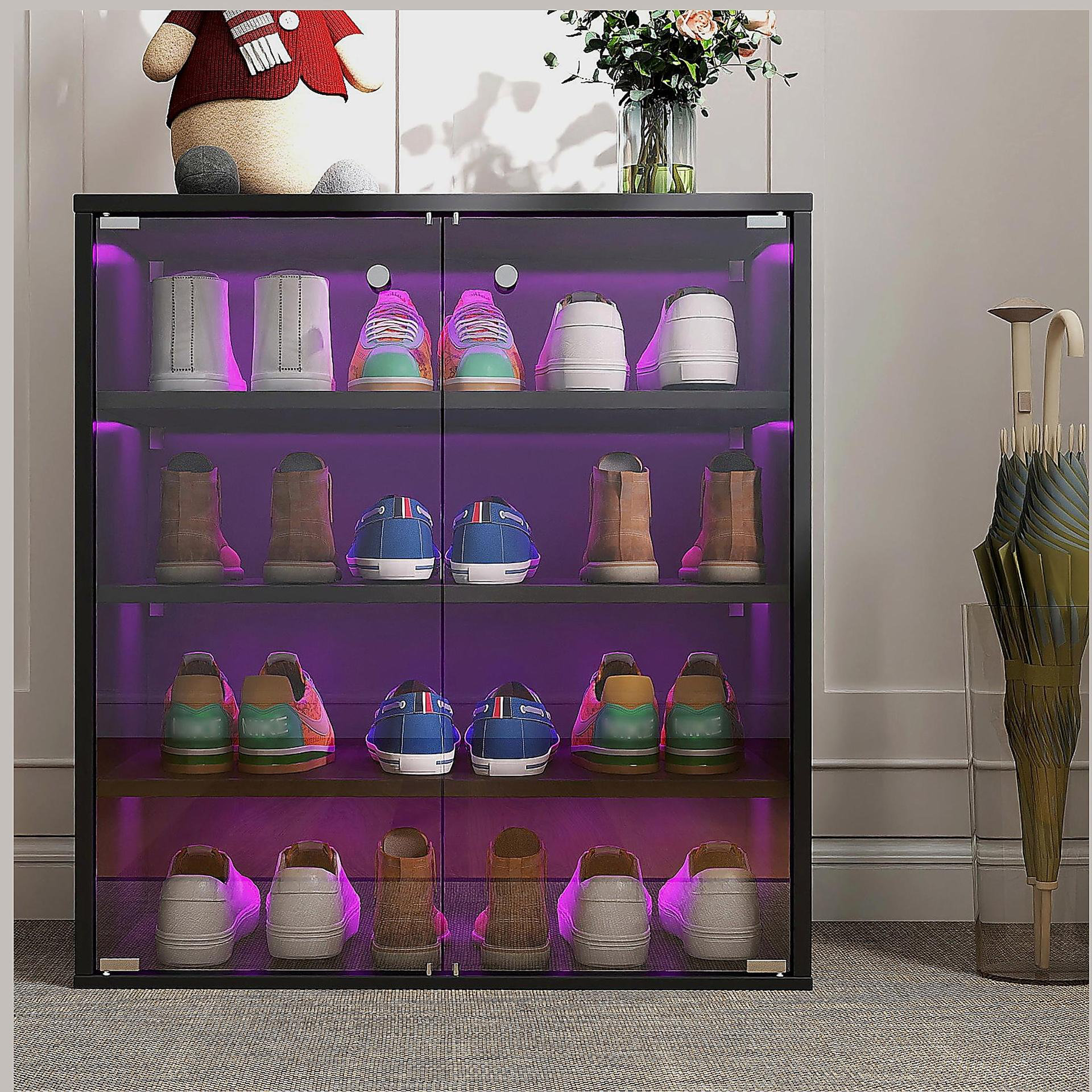 Ivy Bronx Glass Door Shoe Box Shoe Storage Cabinet With RGB Led Light ...