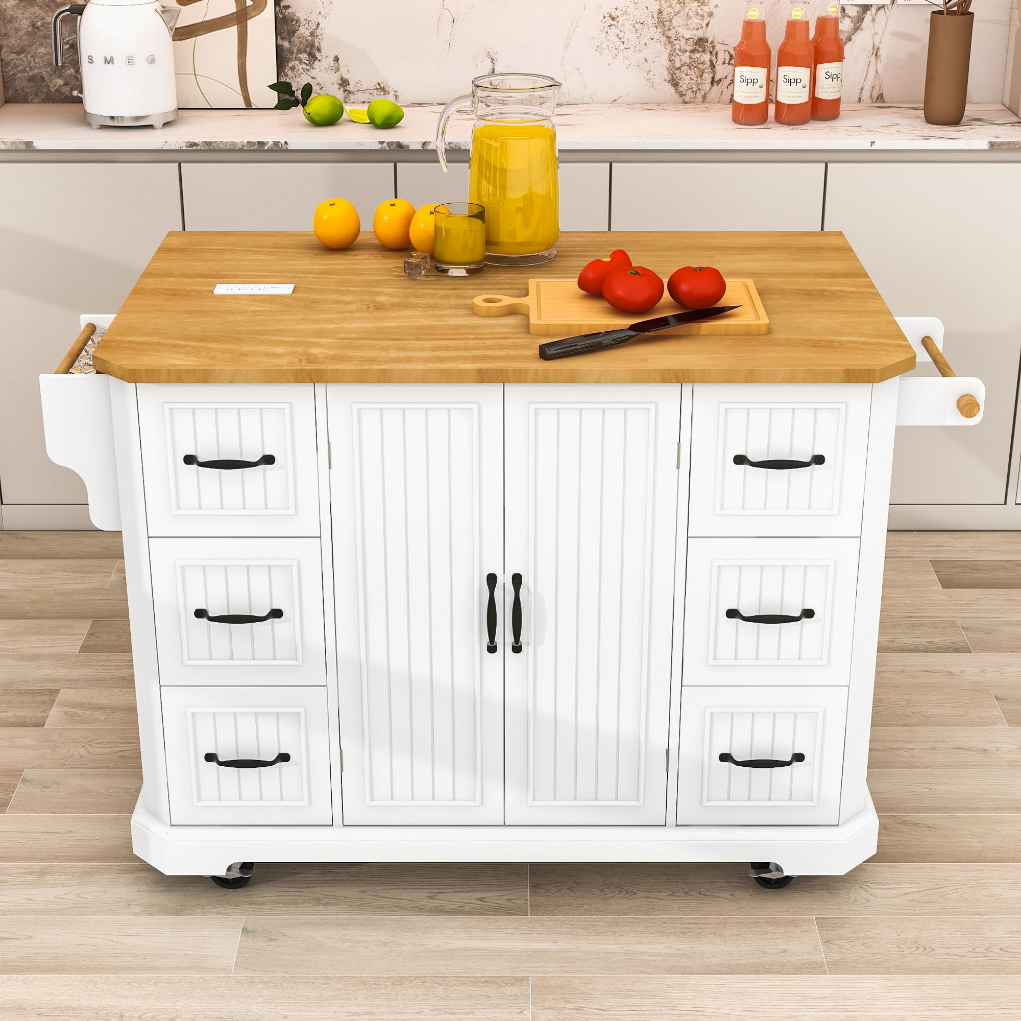 Lark Manor™ Rolling Kitchen Island Cart with Drop Leaf, Power Outlet, 6 ...