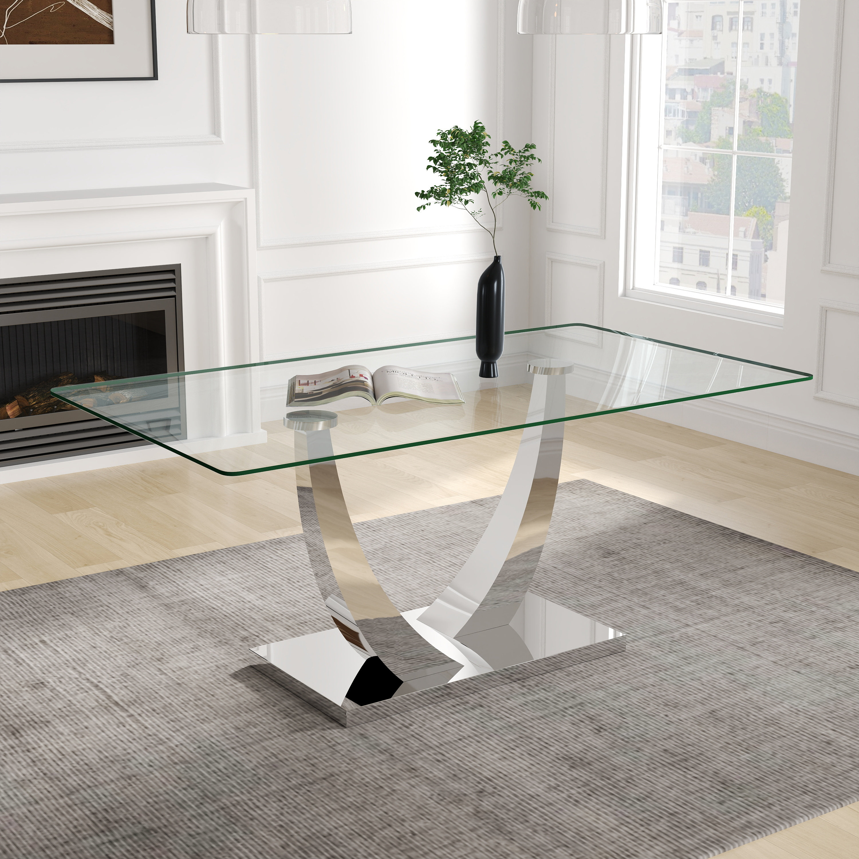 Ivy Bronx Modern Rectangle Tempered Glass Dining Table with Stainless ...