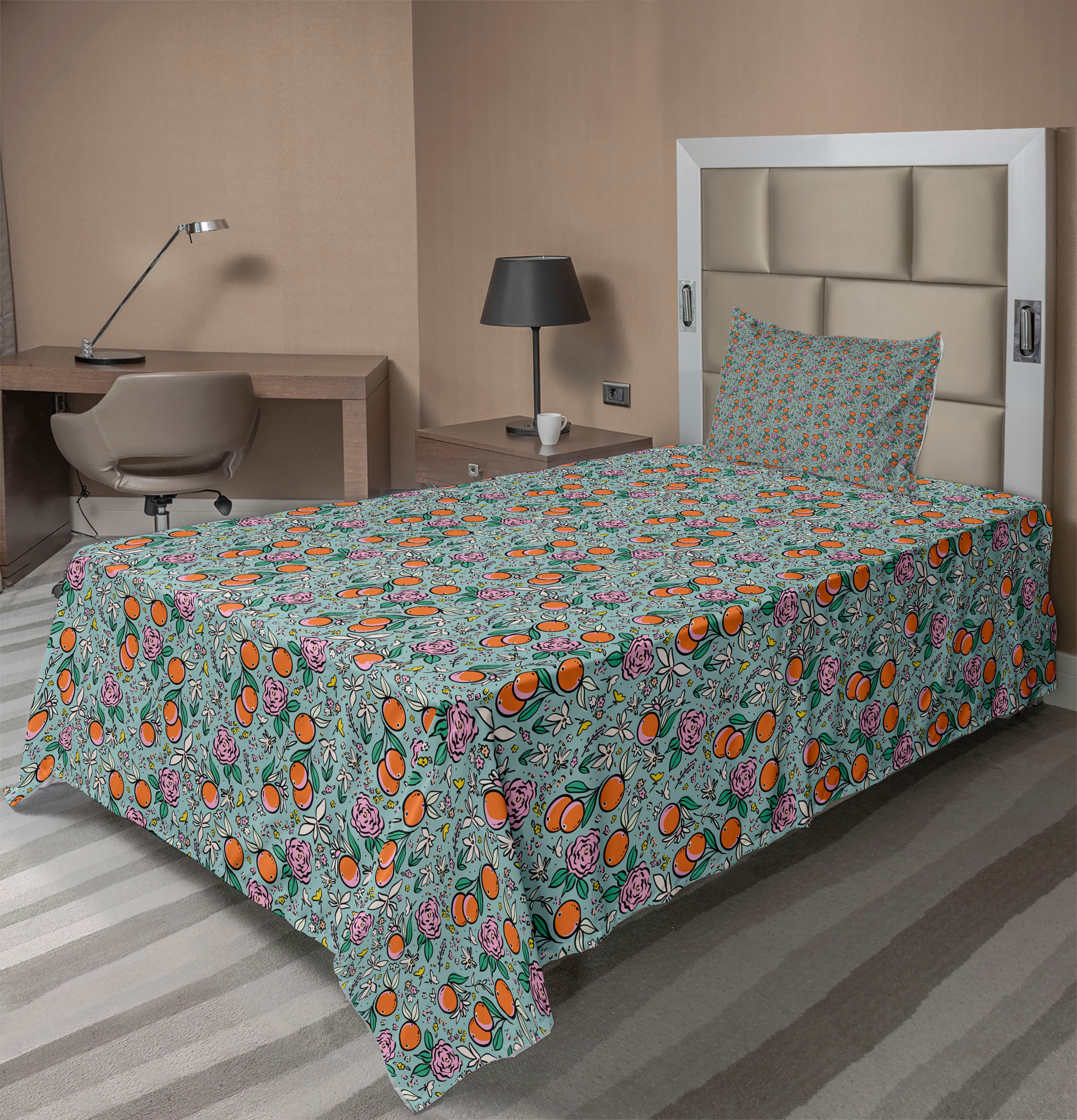 Ambesonne Nature Sheet Set Tropical Flowers Oranges Art Pale Vermilion ...
