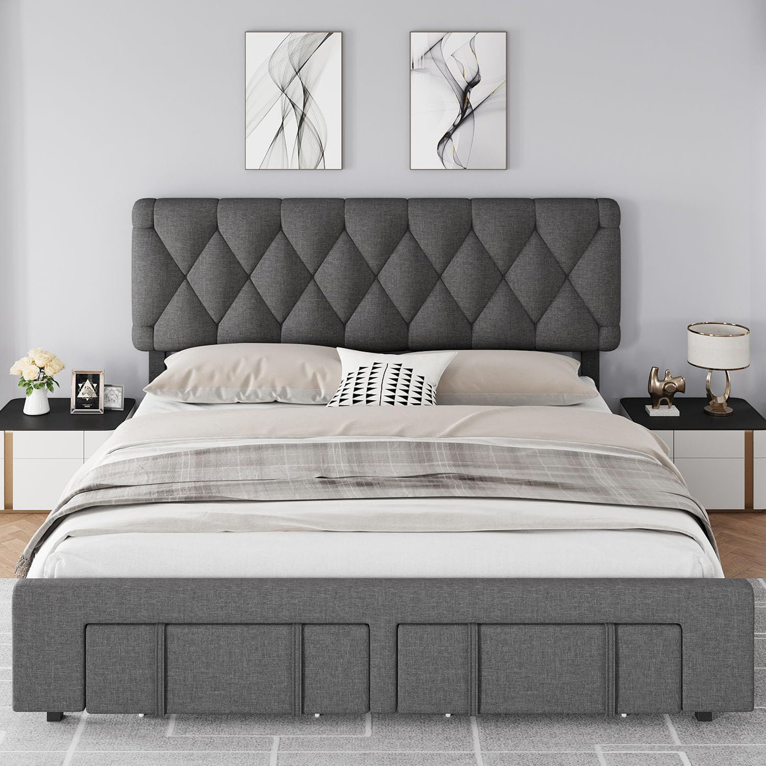 Yuan Home Bed Frame, Velvet Platform Bed Frame With Storage Drawers ...