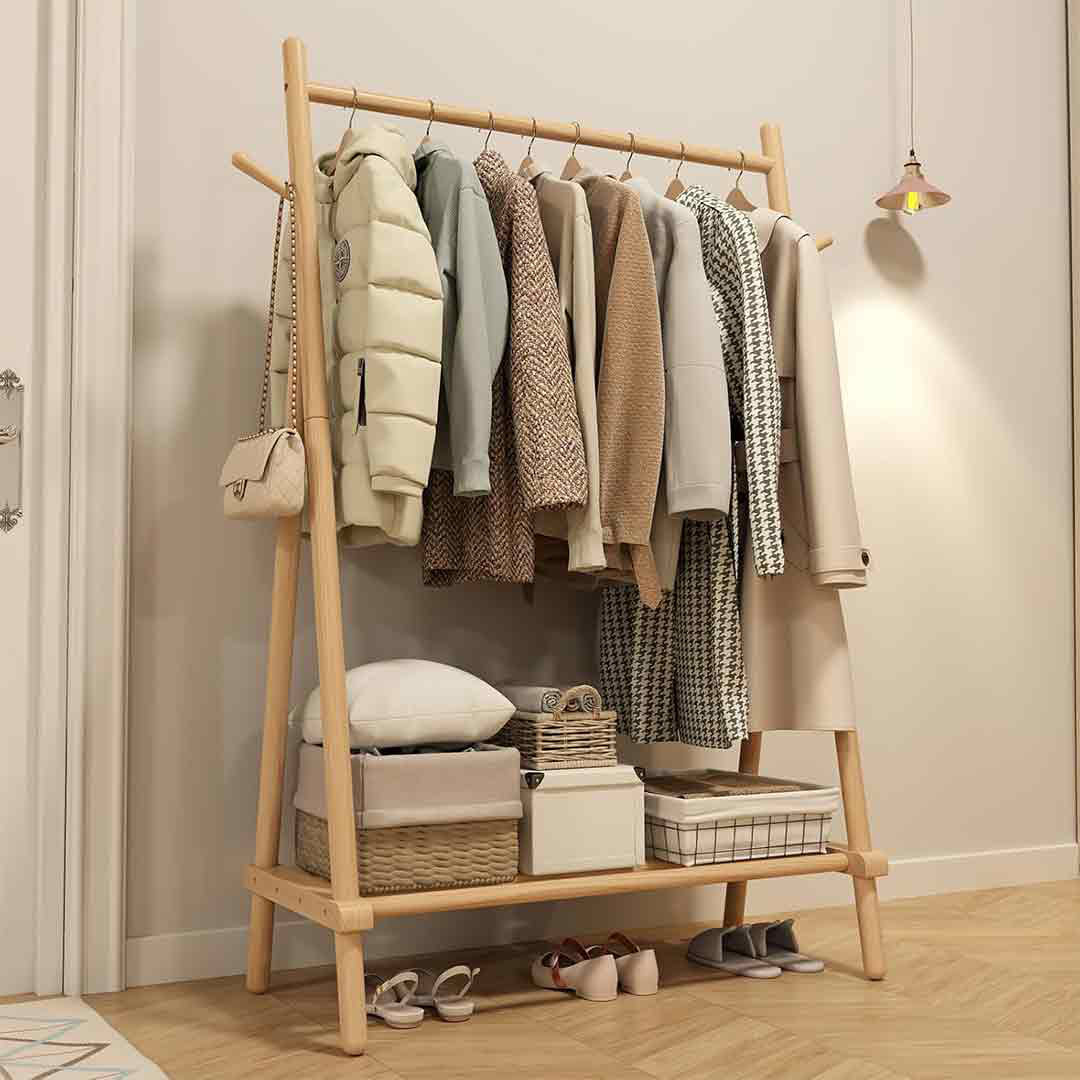 TELOVIN Solid Wood Clothes Rack, Clothing Rack With Shelf And Hook ...
