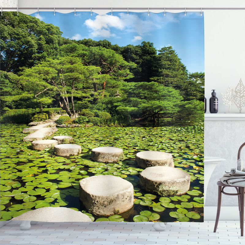 Dakota Fields Peace Shower Curtain Japanese Stone Path Lotus Lime Green ...