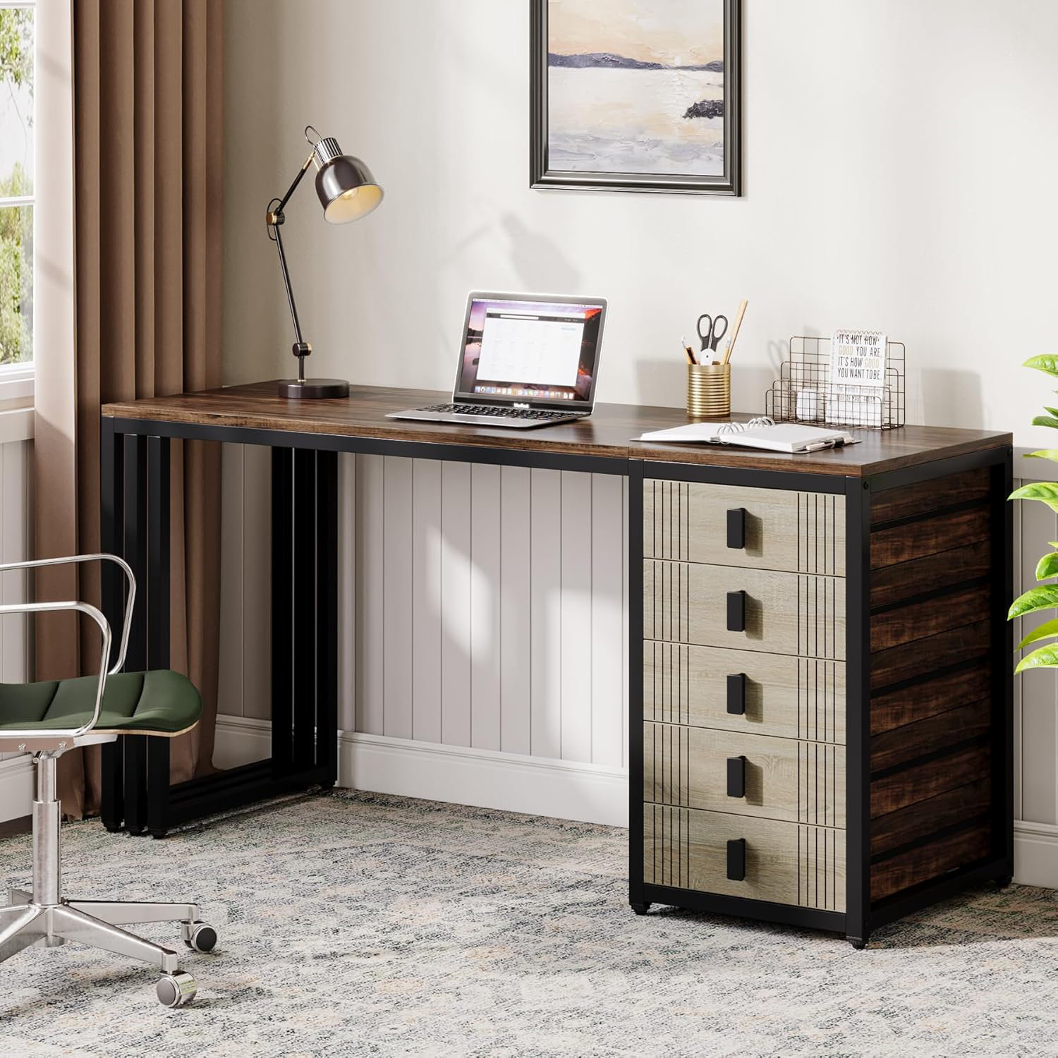 17 Stories Shyli 55.12'' W Reversible Computer Desk with and Cabinet ...