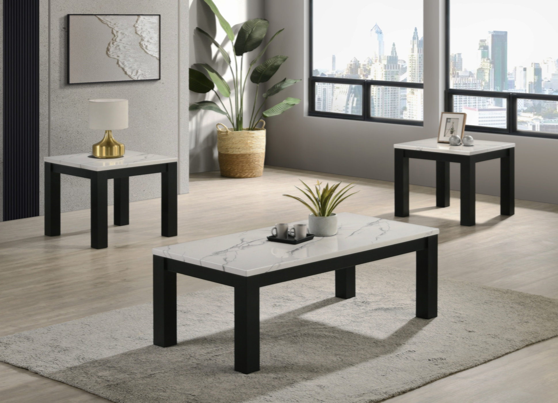 Ivy Bronx 3-Piece Living Room Table Set Faux Marble Table Top Cocktail ...