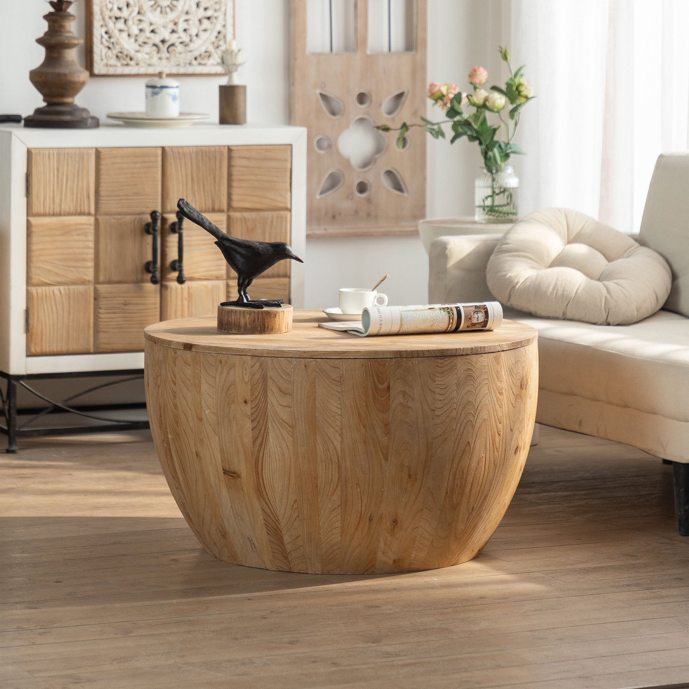 Corrigan Studio® Vintage Barrel-Shaped Coffee Table, Fir Wood & MDF ...