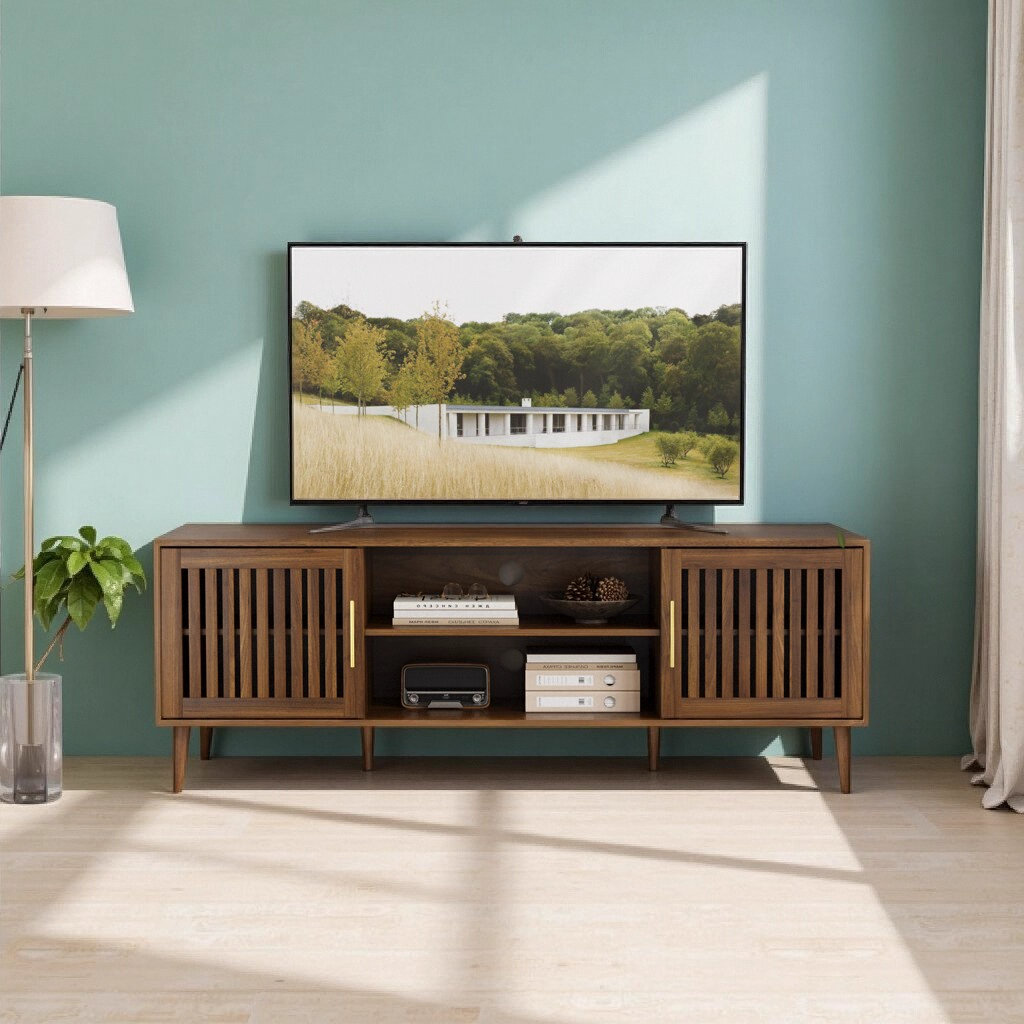 George Oliver 63-inch TV Stand with 2 Grille Door Cabinets and ...