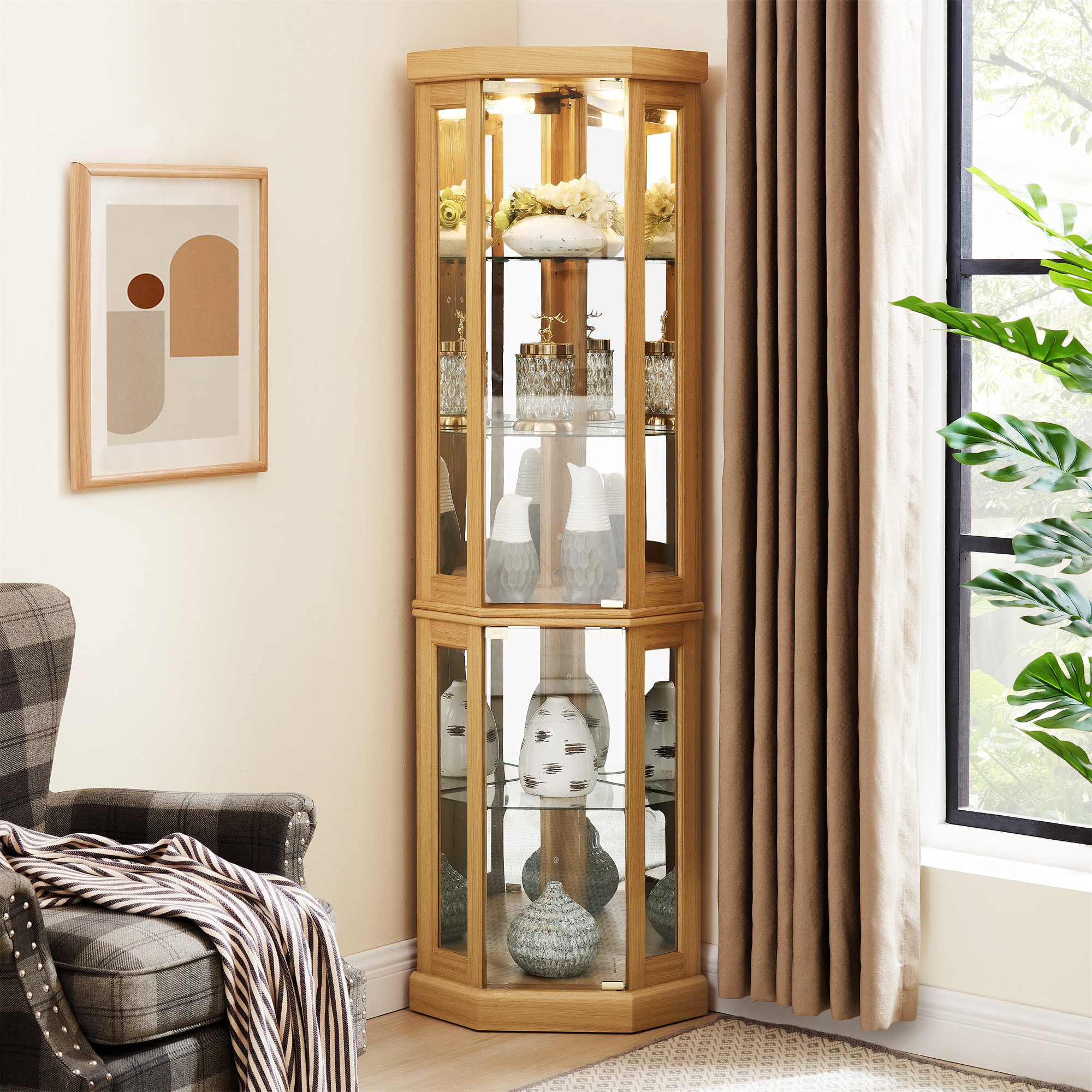 Alcott Hill® Corner Glass Cabinet Lighted Curio Cabinet Corner Display ...