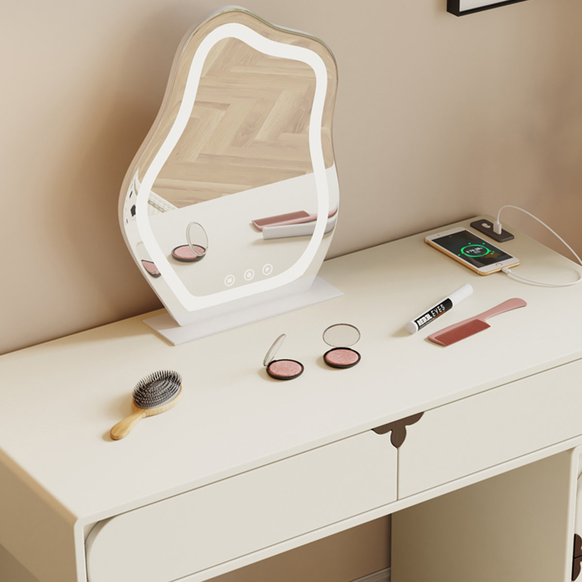 Orren Ellis Makeup Vanity with Light mirror,5 drawers,Power Outlet,1 ...