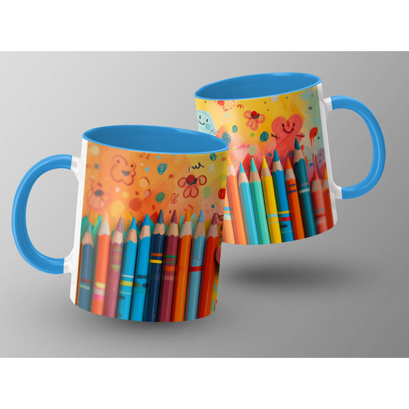 East Urban Home Kids Drawing Style 11oz Accent Mugs – White Ceramic ...