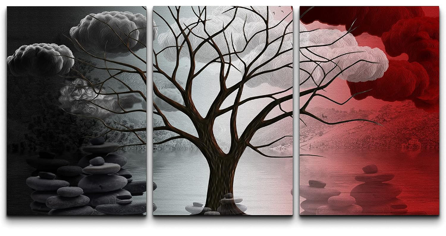 IDEA4WALL Moody Dark Red Zen Tree Collage Abstract Nature Watercolor ...