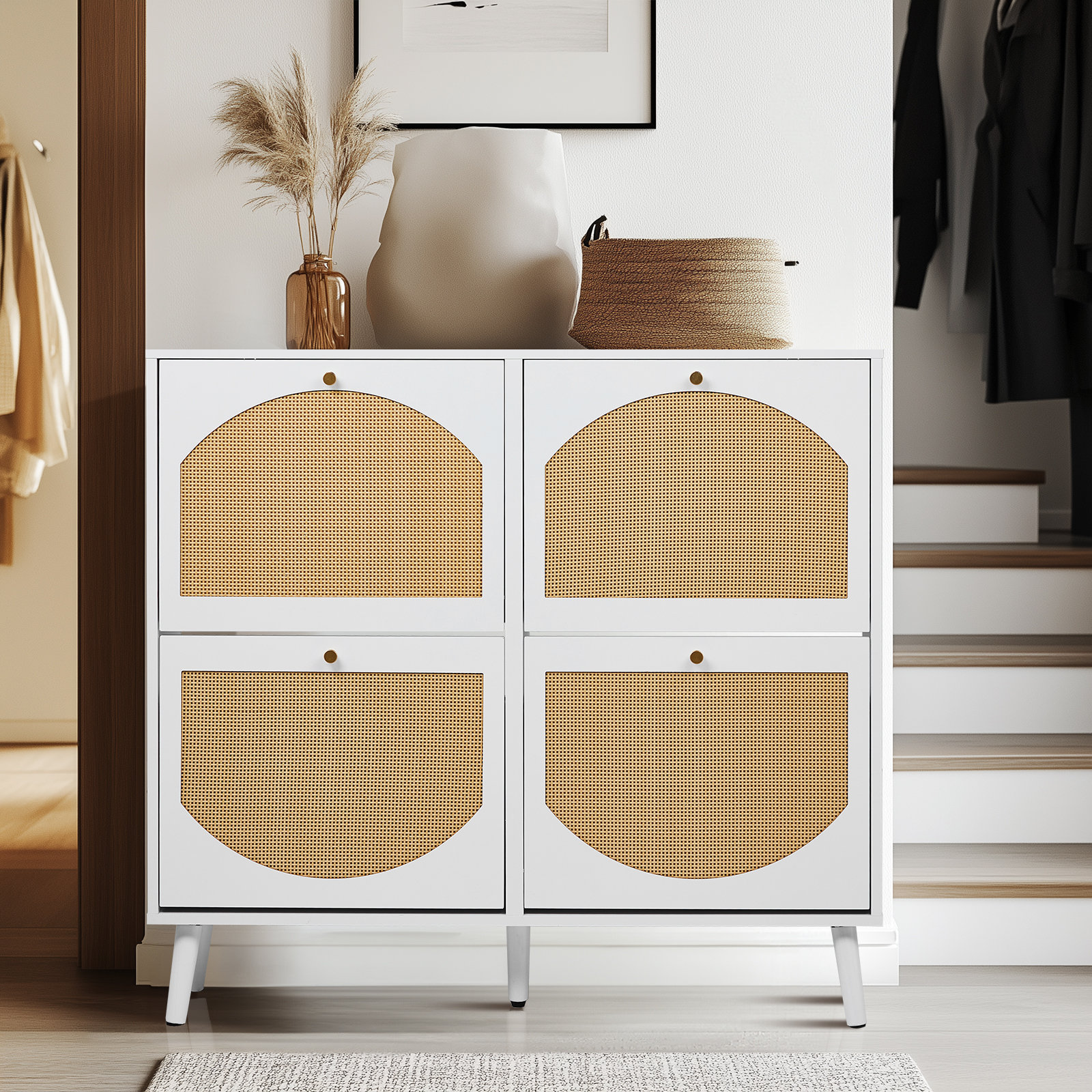 George Oliver Bostynn 4 Flip Drawers Rattan Shoe Cabinet Shoe Storage ...