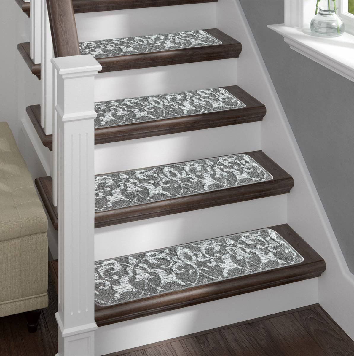 Bungalow Rose Stair Treads 9x28in Gray/White Non Slip Stair Rugs | Wayfair