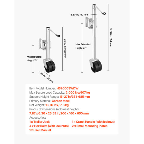 VEVOR Trailer Jack with Wheel, 2000 lbs Load Capacity, Heavy Duty ...