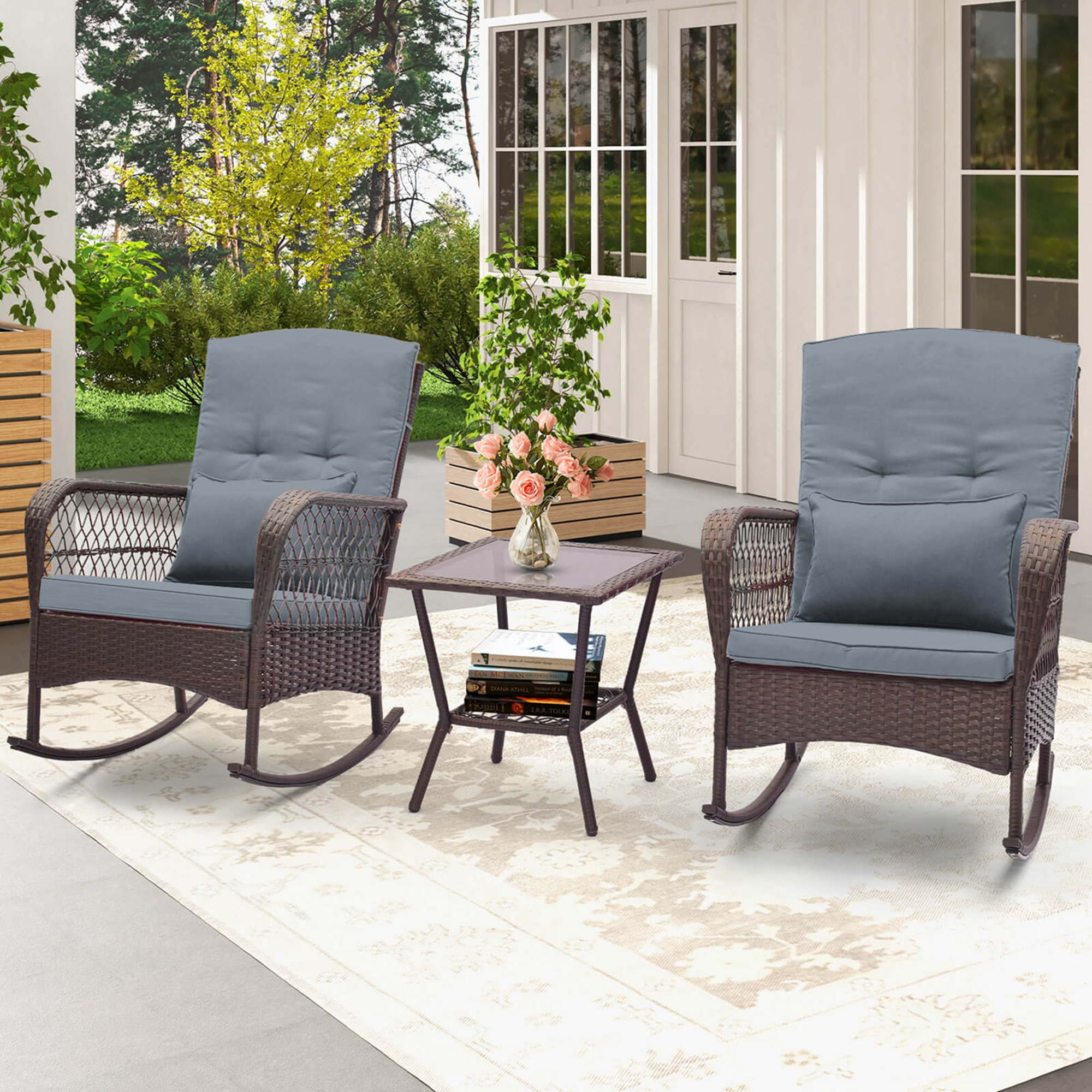 Lark Manor™ 3 Pcs Patio Rocker Set Outdoor Wicker Rocking Chairs With ...