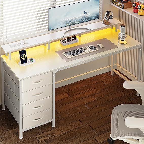 Ivy Bronx 55 Inch Computer Desk With Power Outlets And LED Lights ...