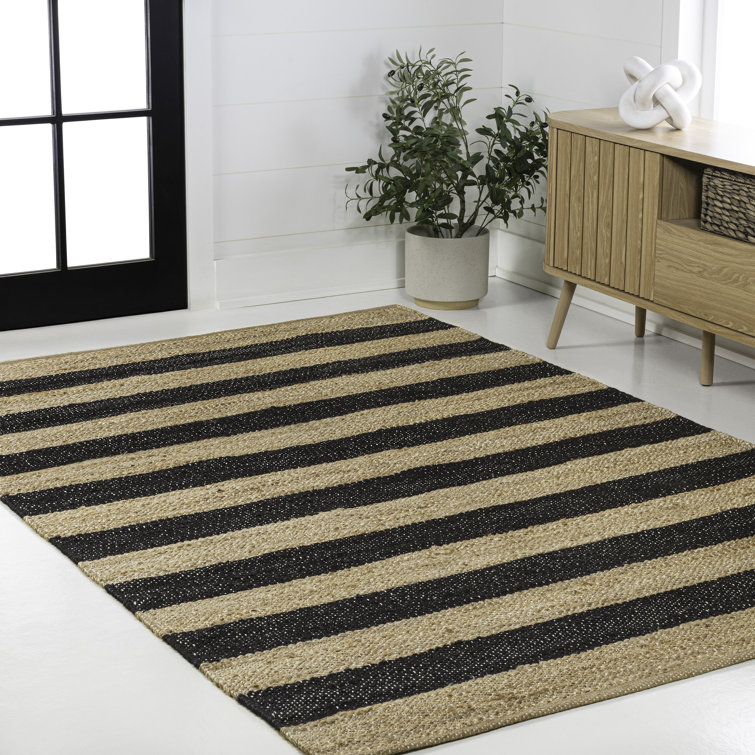 Ebern Designs Zemple Rustic Farmhouse Woven Jute Stripe Natural/Black ...