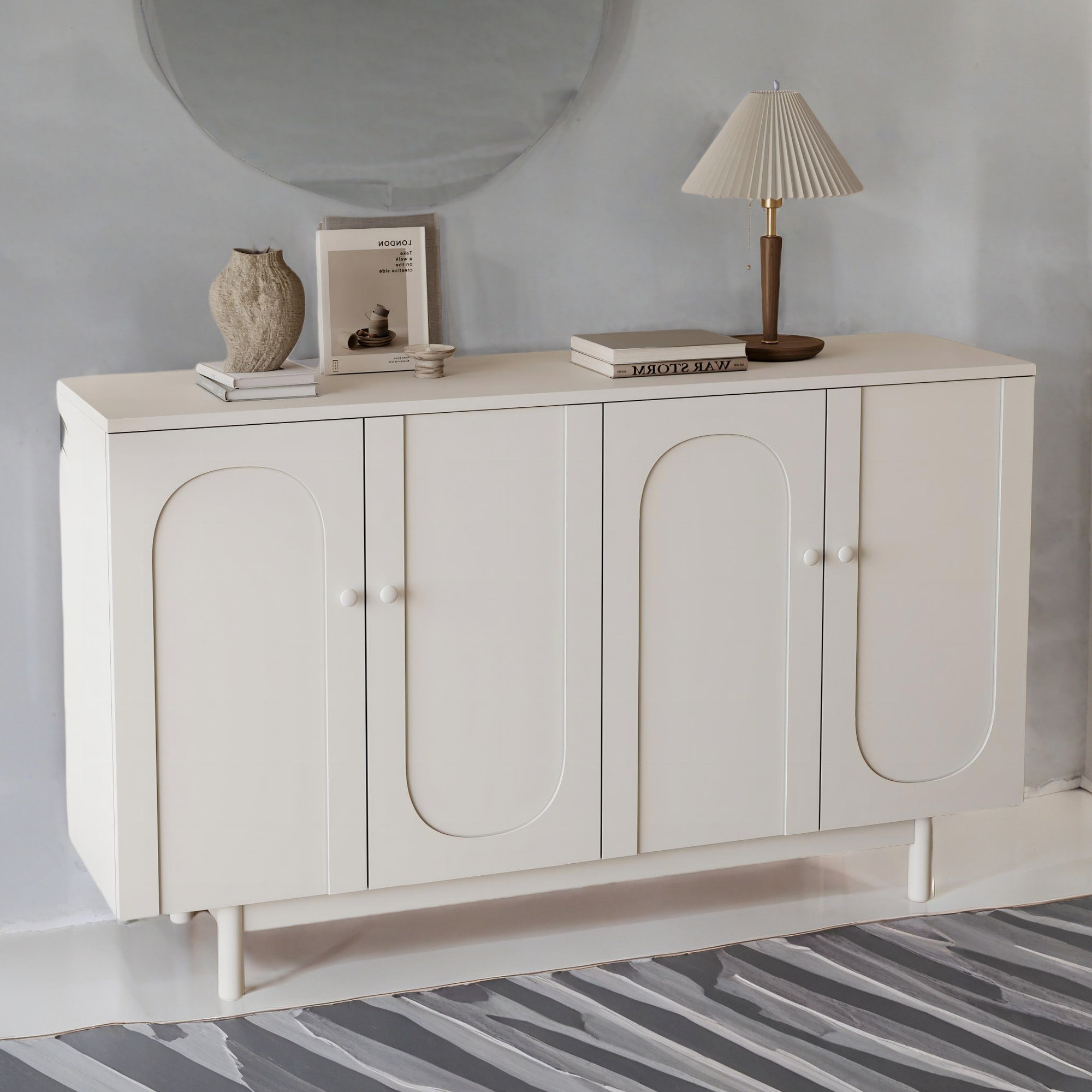 Ebern Designs Stylish And Functional 4-Door Intaglio Storage Cabinet With Pine Legs, Solid Wood ...