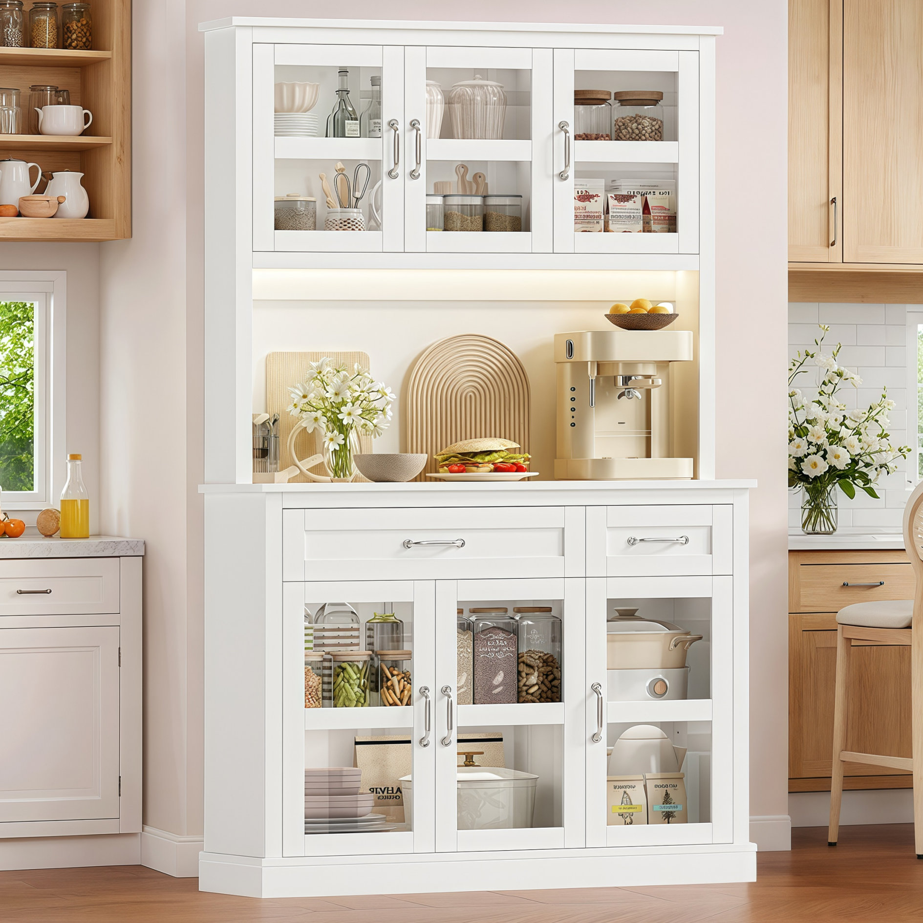 Ebern Designs ON SALE 71''H LED Pantry with Charging Station, Microwave ...