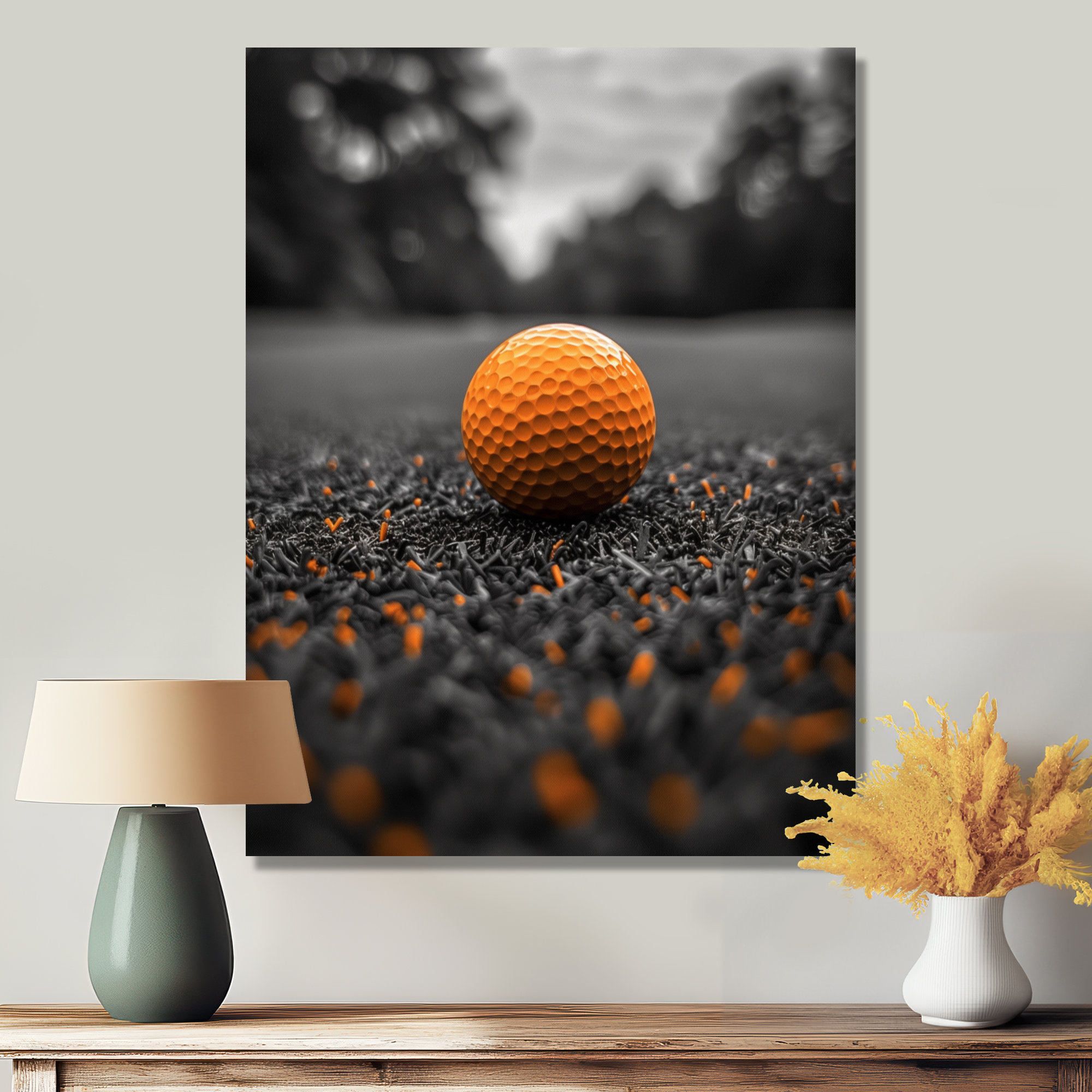 Ebern Designs Monochrome Orange Grey Golf Ball I - Golf Wall Art Living ...
