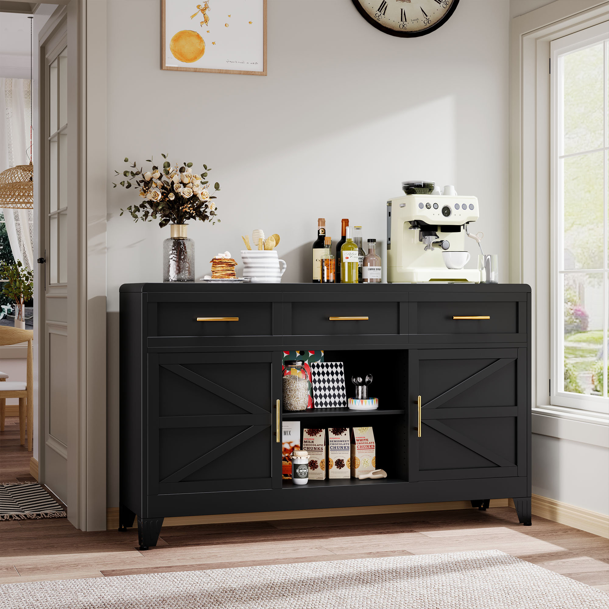 Gracie Oaks Modern Metal Sideboard and Buffets Cabinet Black and White with 2 Door s and 3 ...